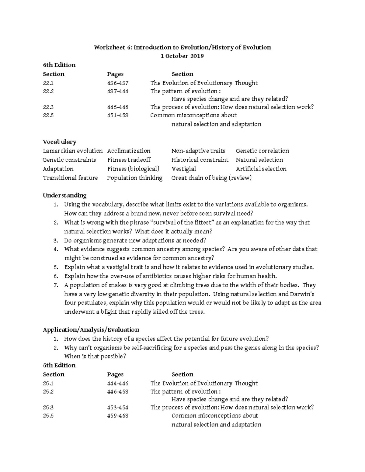 Worksheet 6 - Evolution Overview and Natural Selection in Biology - Studocu