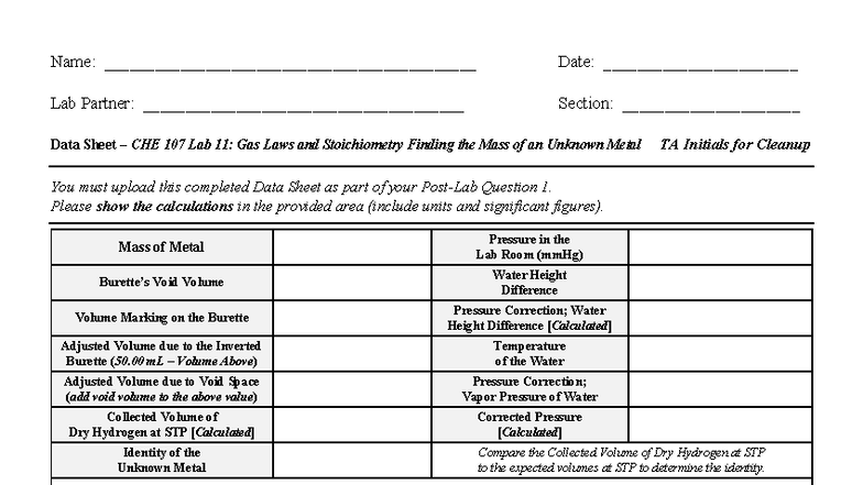 Data Sheet for CHE 107 Lab 11: Gas Laws & Stoichiometry - Studocu