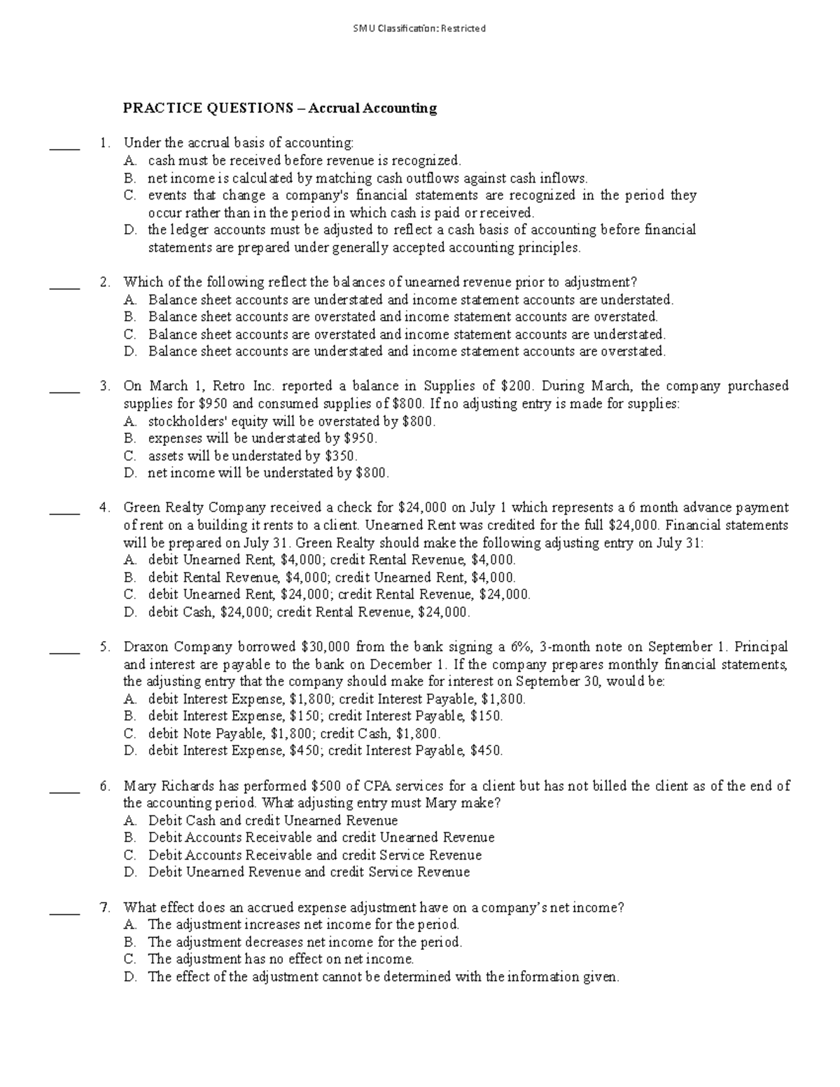 MCQ - Practice Questions on Accrual Accounting (ACC101) - Studocu