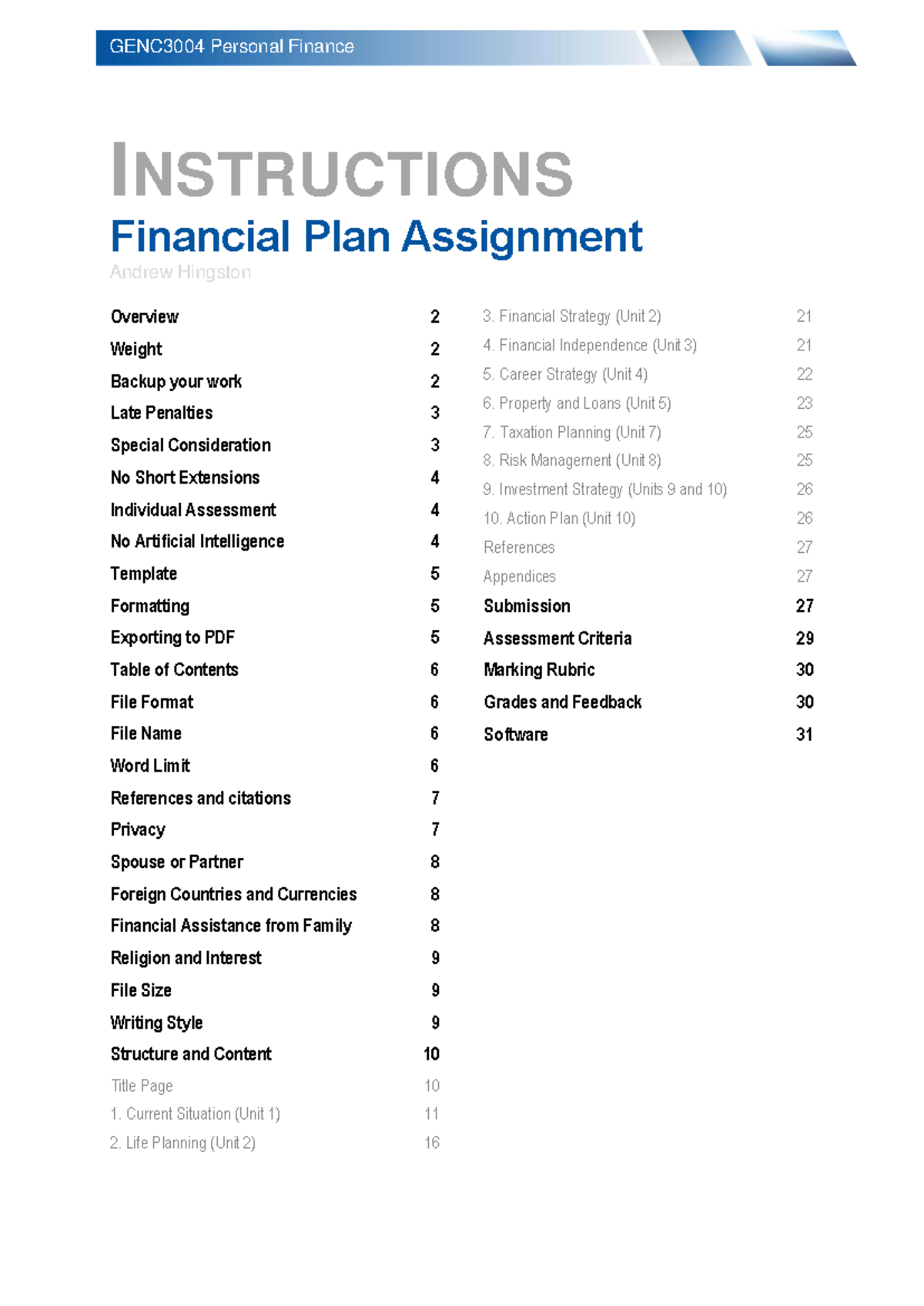 GENC3004 Financial Plan Assignment Instructions and Overview - Studocu