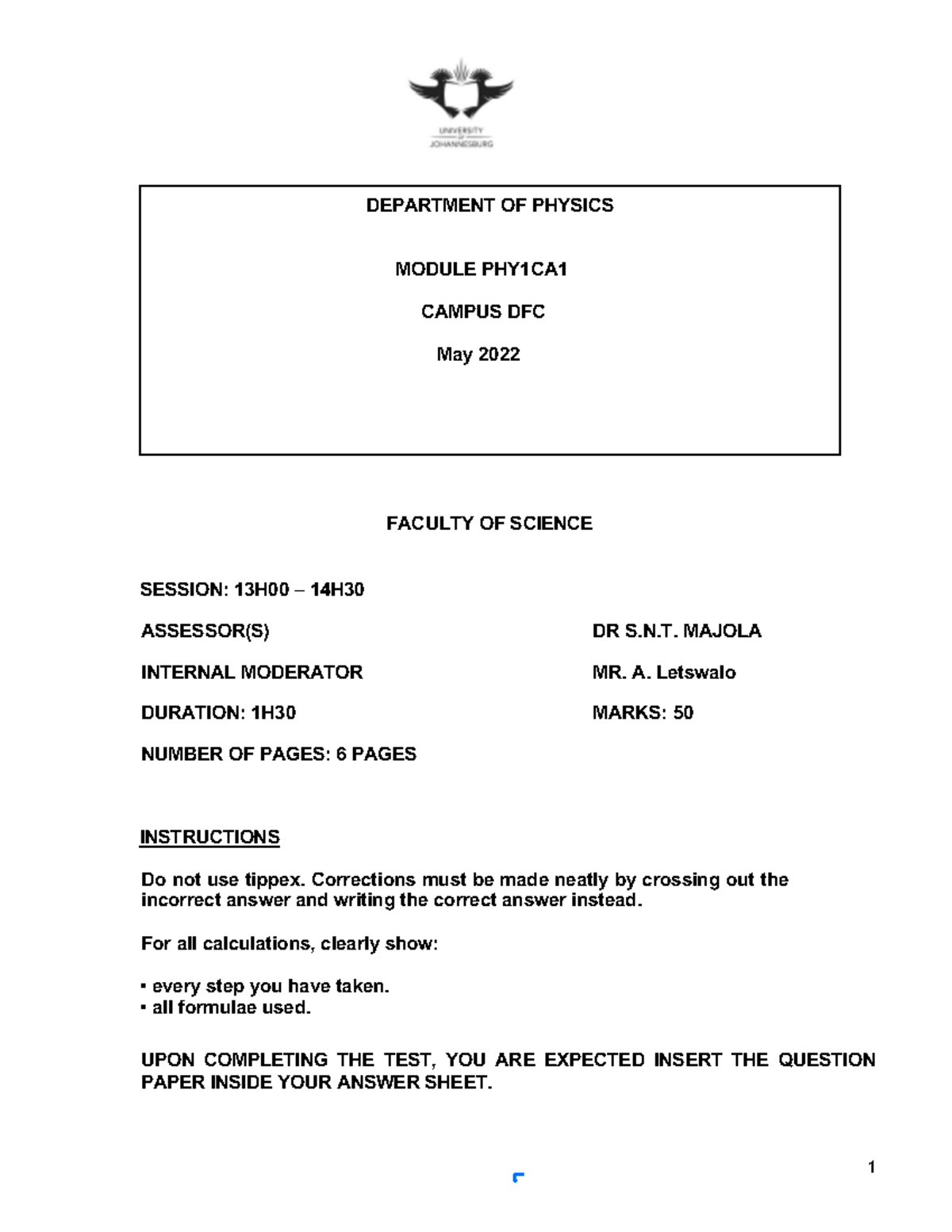 PHY1CA 2nd Major Test Final Memo - May 2022 - Studocu