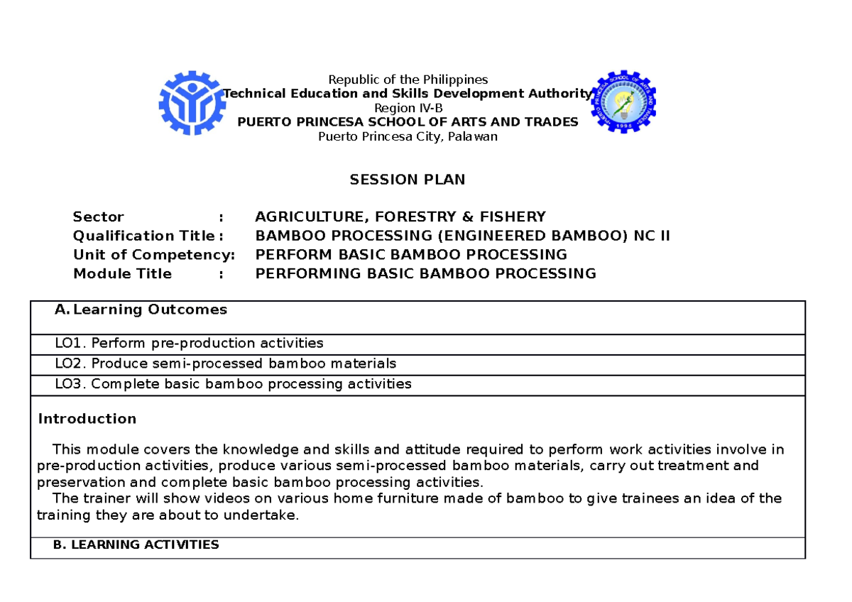 My Sample Session Plan for Claudio - Republic of the Philippines Technical Education and Skills ...
