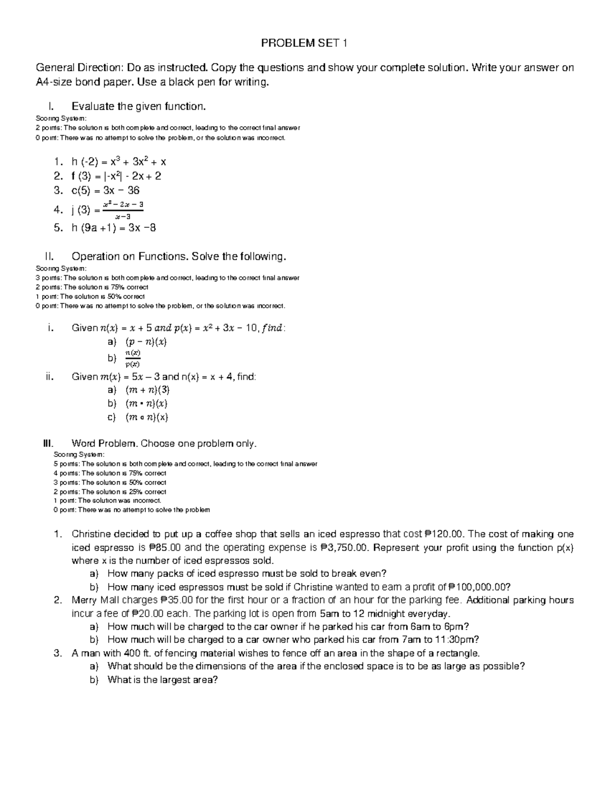 Genmath Problem Set 1: Evaluating Functions & Word Problems - Studocu