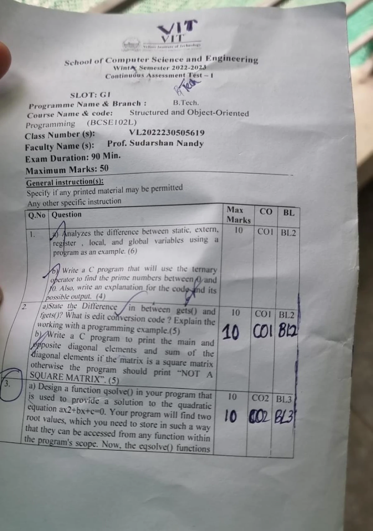 BCSE102P CAT 1 A1 2024 - VIT Vellere Institute Slot : A1 School of Computer Science Engineering ...