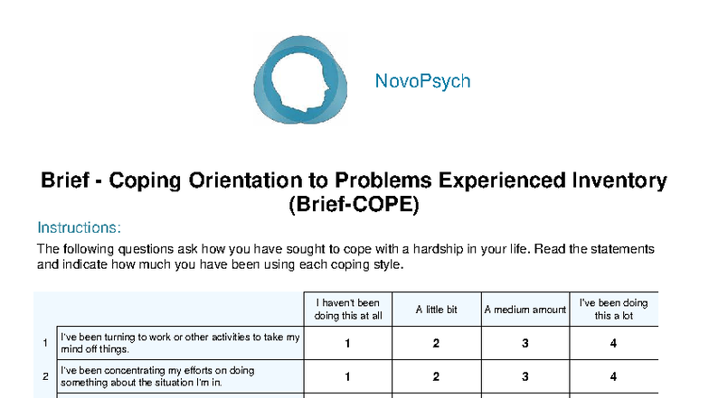 NovoPsych Brief COPE Inventory Instructions and Questions - Studocu