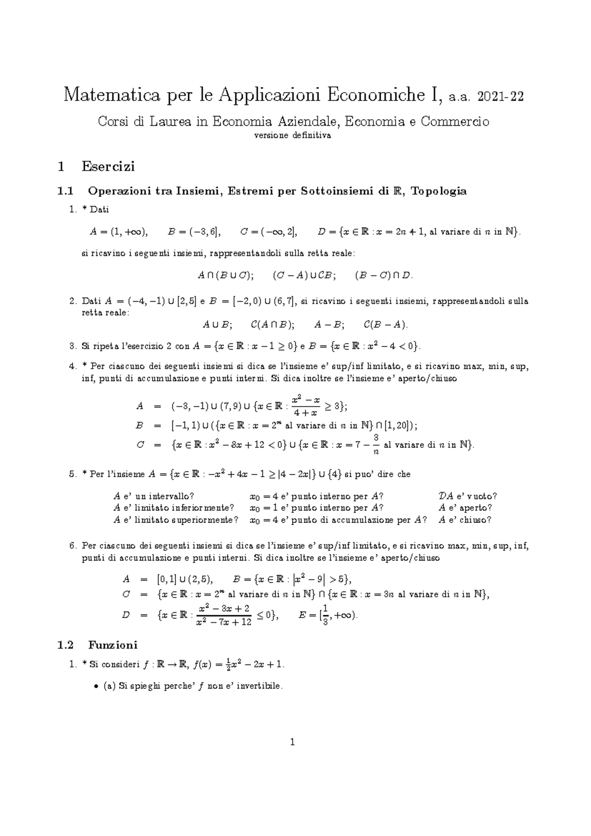 Esercizi Generali di Matematica per le Applicazioni Economiche I - Studocu