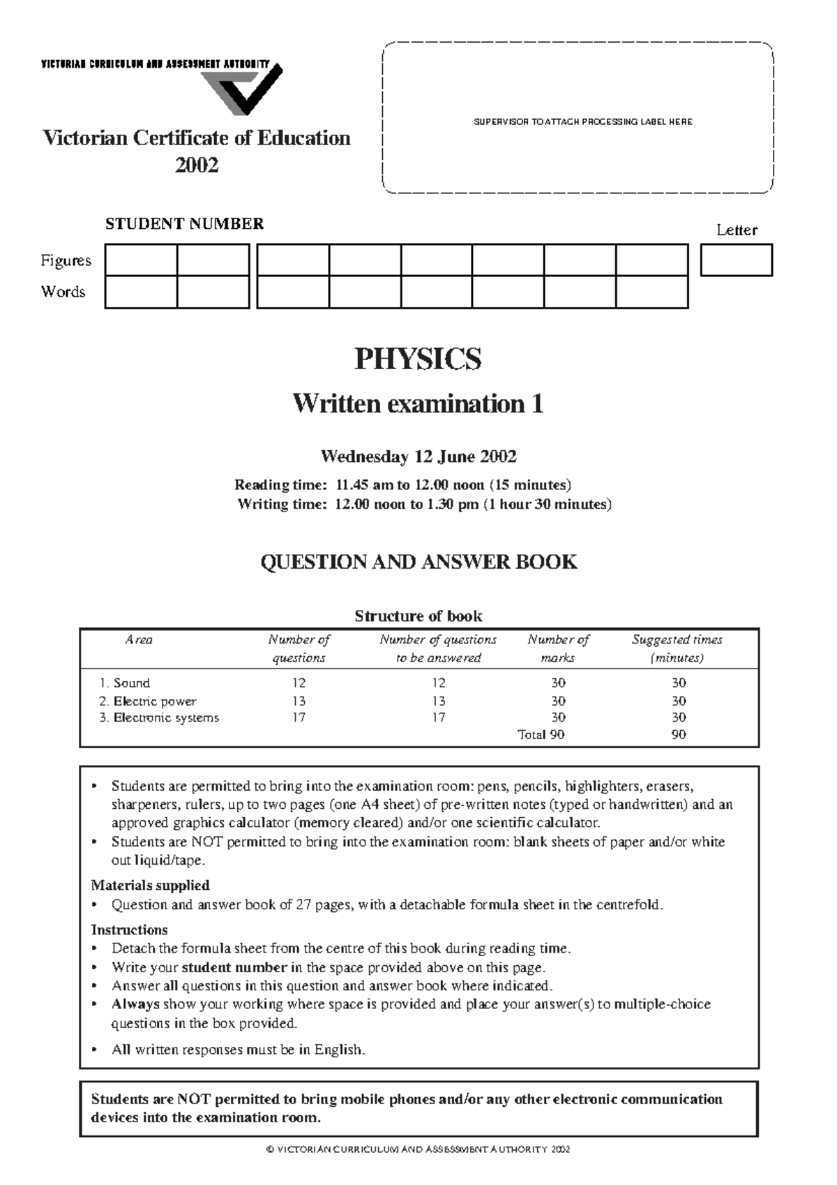 Physics - VCE 2002 Exam 1: Sound, Electric Power & Electronic Systems ...