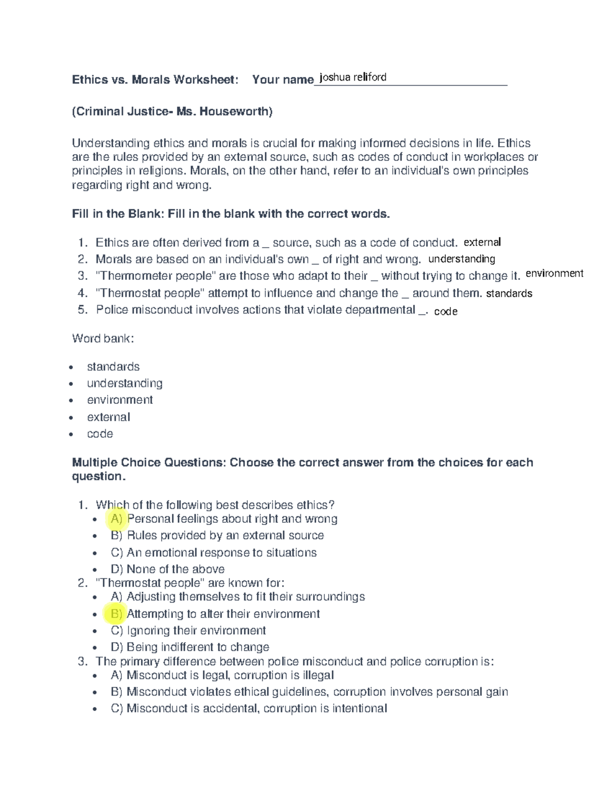 Ethics vs. Morals Worksheet (Criminal Ms. Houseworth) - Studocu