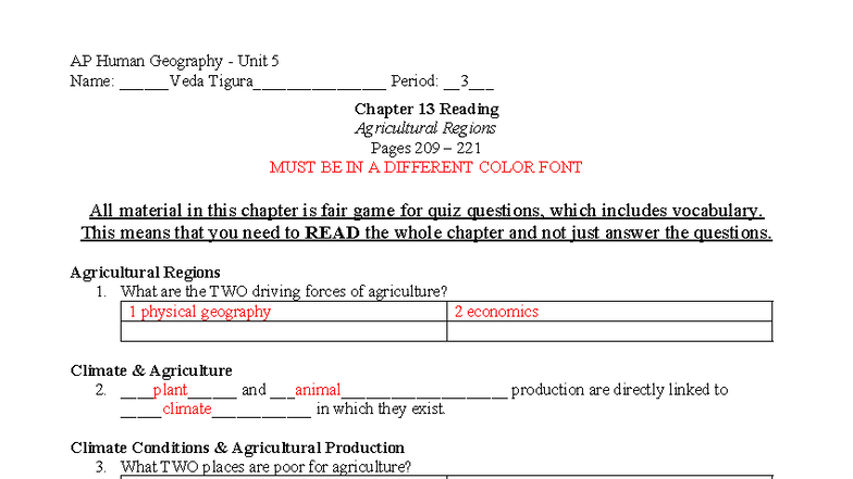 AP Human Geography Unit 5: Chapter 13 Guided Reading on Agricultural ...