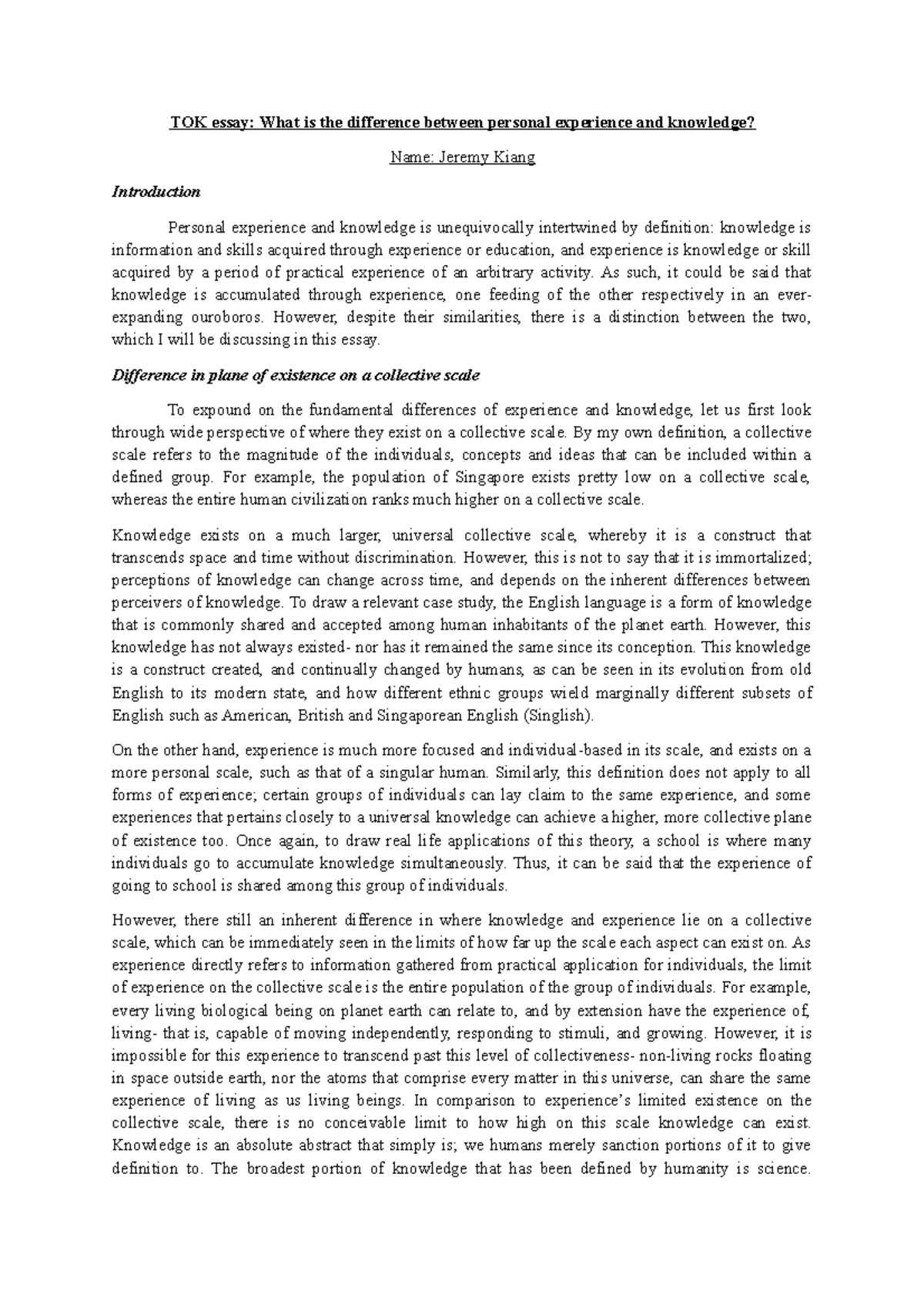 TOK Essay: The Distinction Between Personal Experience and Knowledge ...