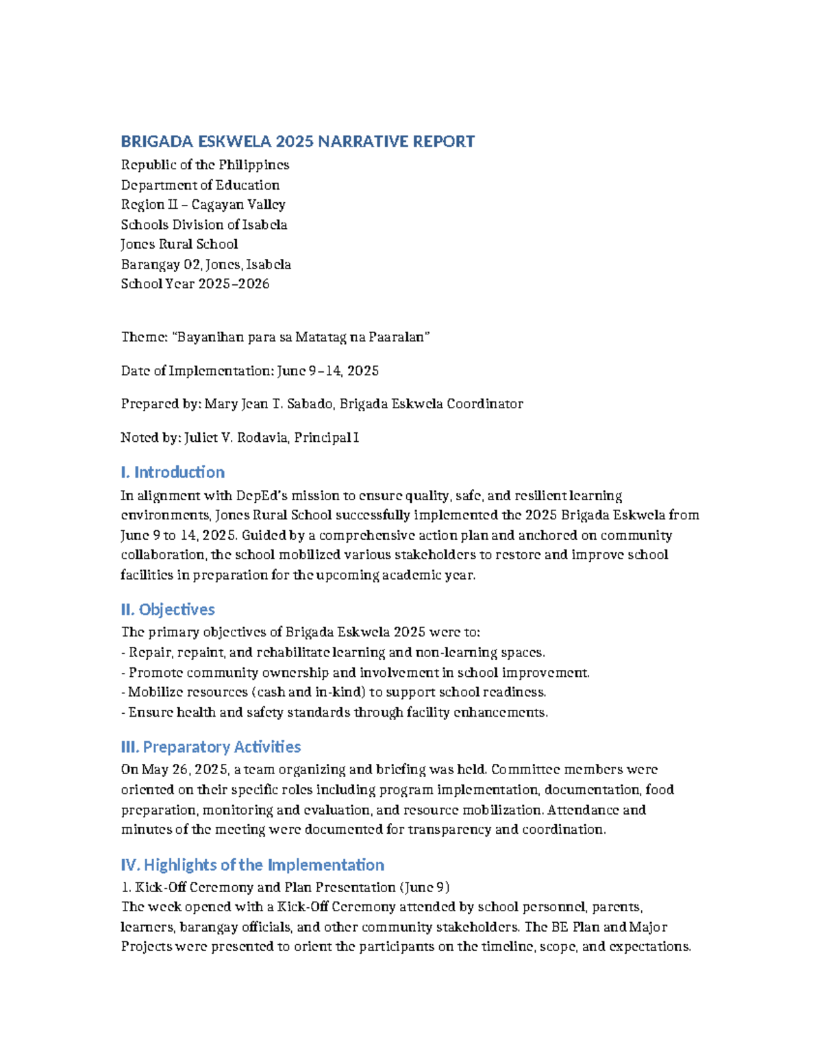 Brigada Eskwela 2025 Narrative Report: Enhancing School Facilities ...