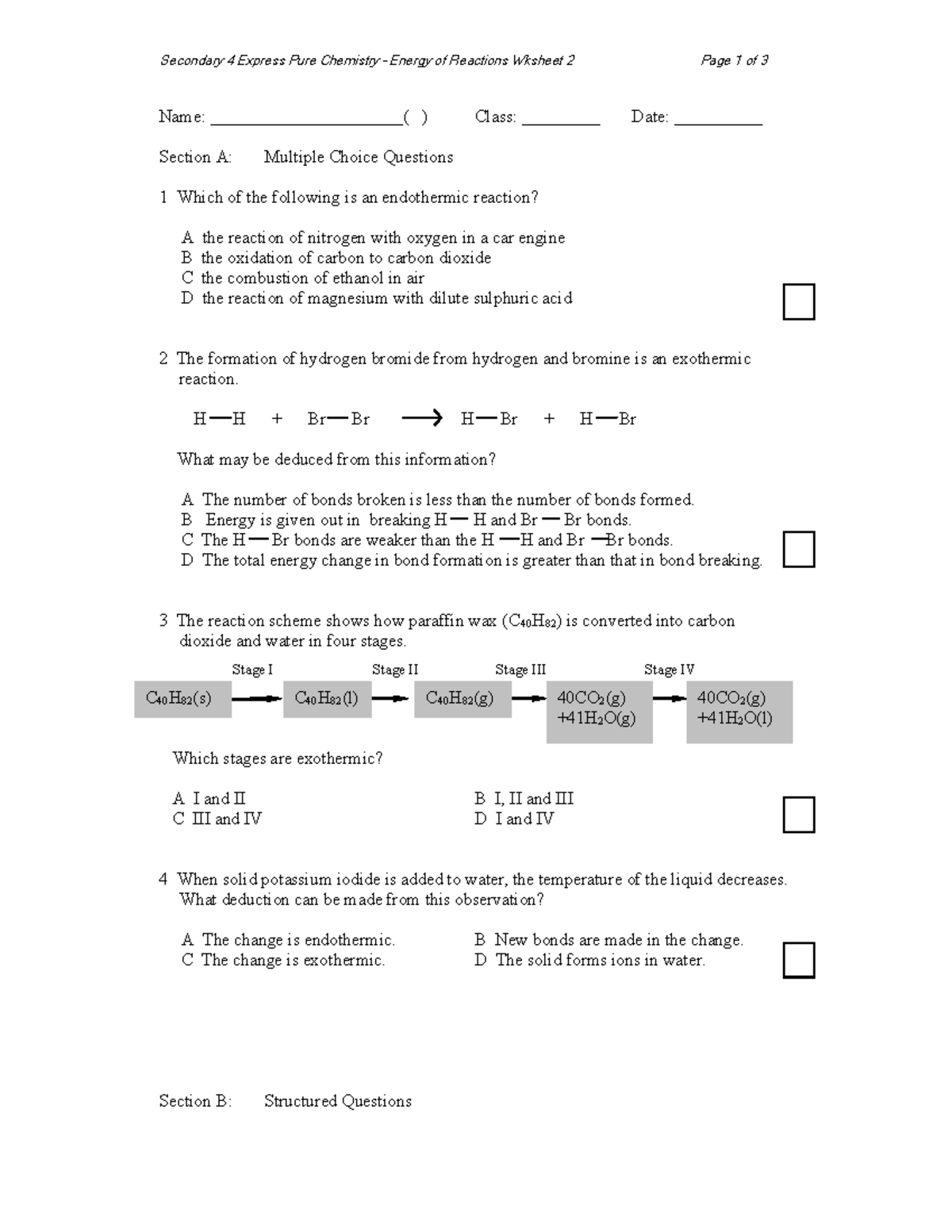 Secondary 4 Express Pure Chemistry Energy of Reactions Worksheet 2 ...