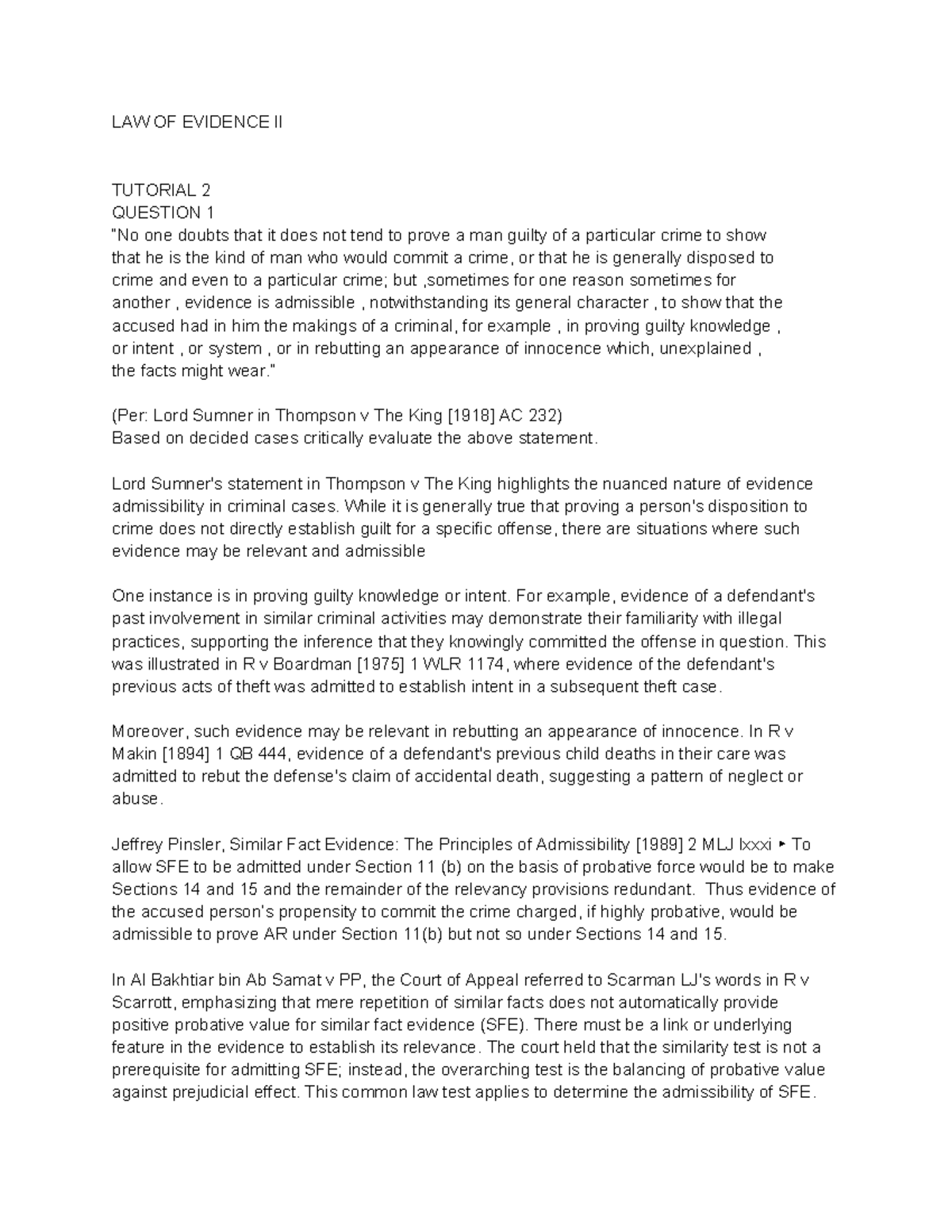 LAW OF EVIDENCE II: Tutorial 2 - Critical Evaluation & Case Analysis ...