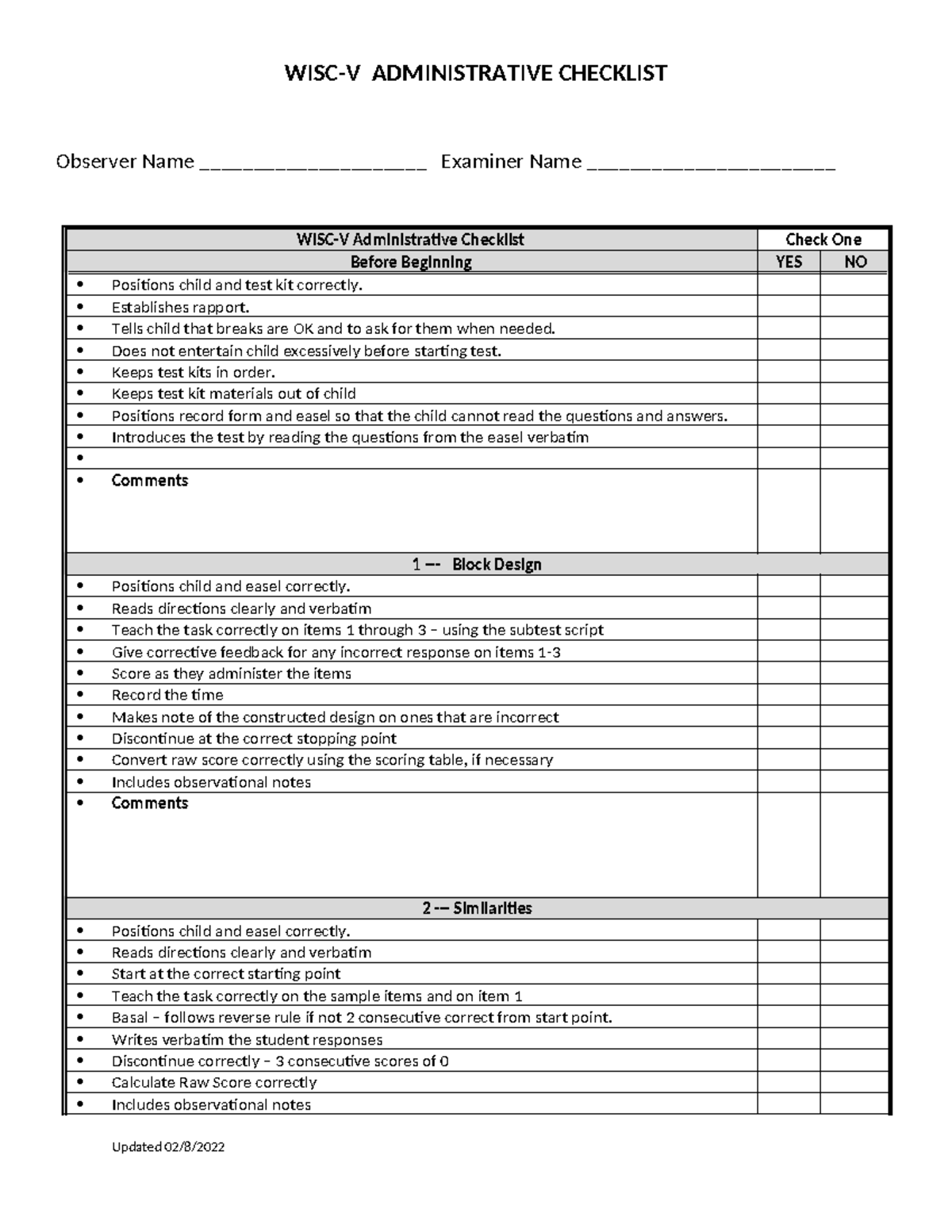 WISC-V Admin Checklist & Reflection for Assessors: Key Observations and ...
