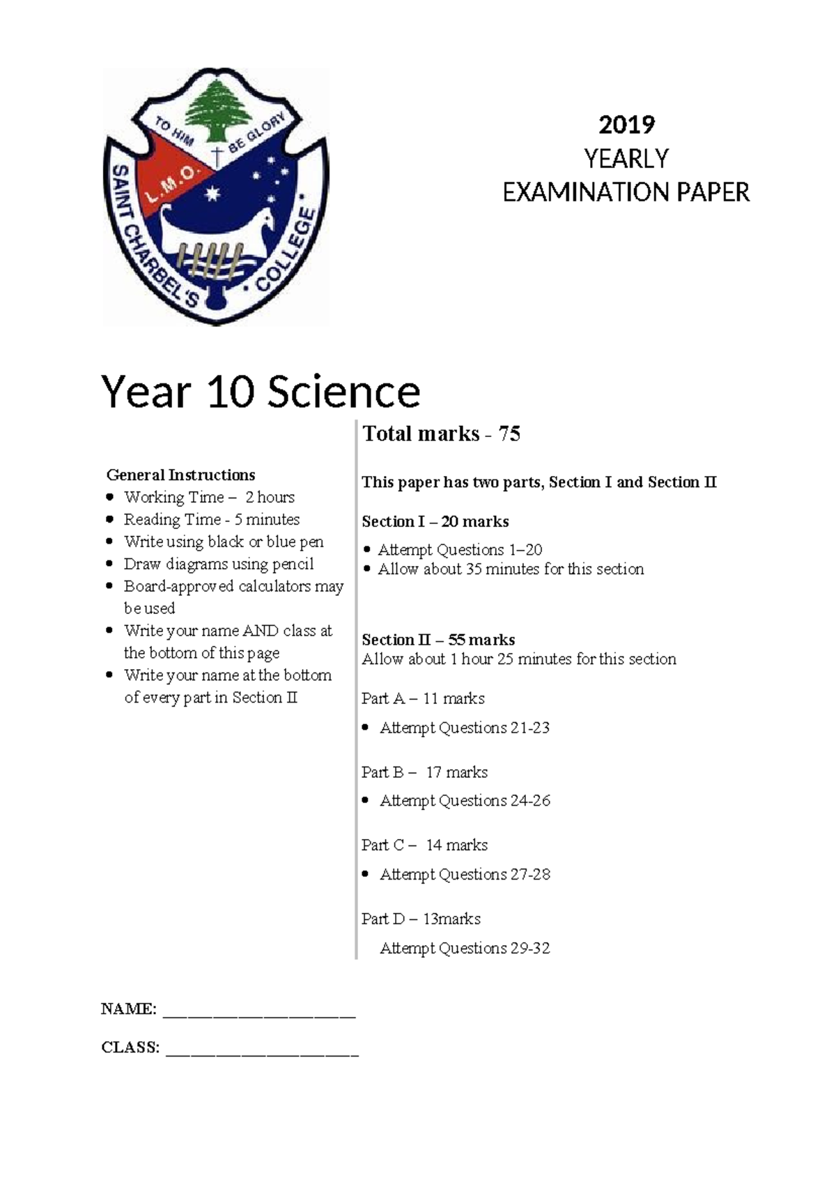 Year 10 Science - 2019 Yearly Examination Paper (Total Marks: 75) - Studocu