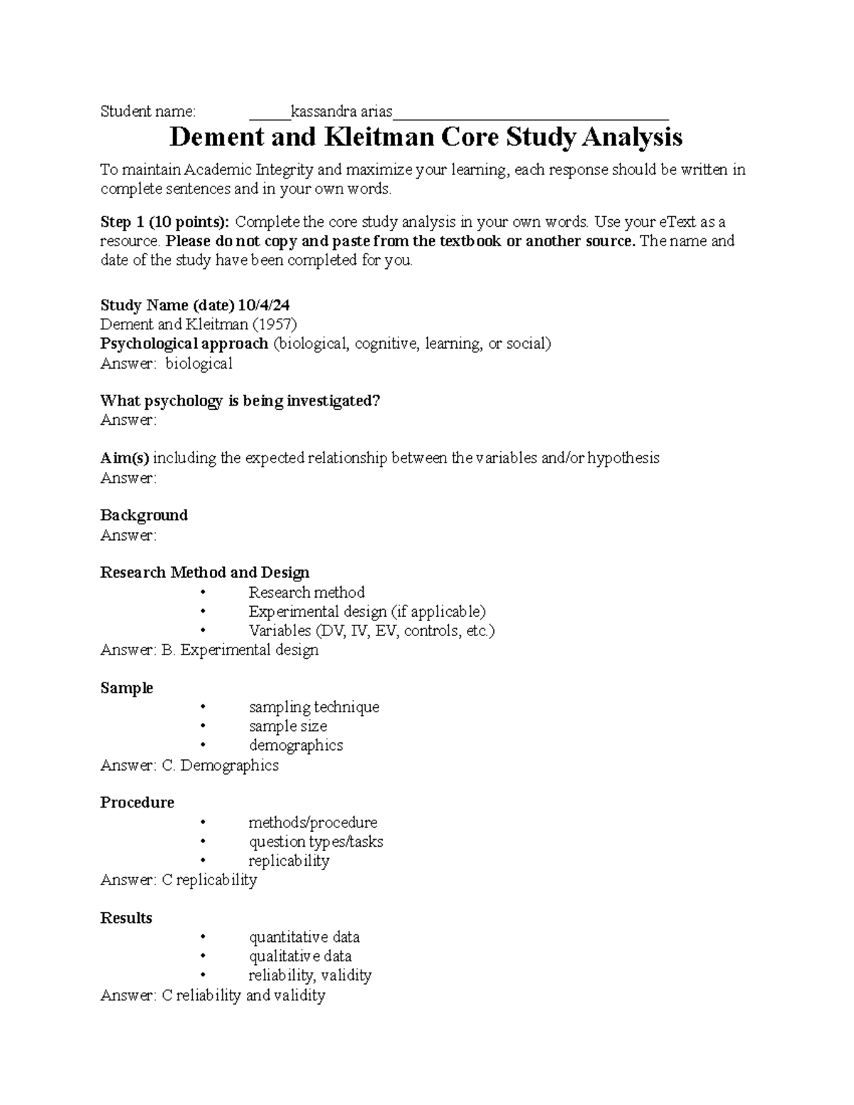 Dement and kleitman core study - Student name: kassandra arias