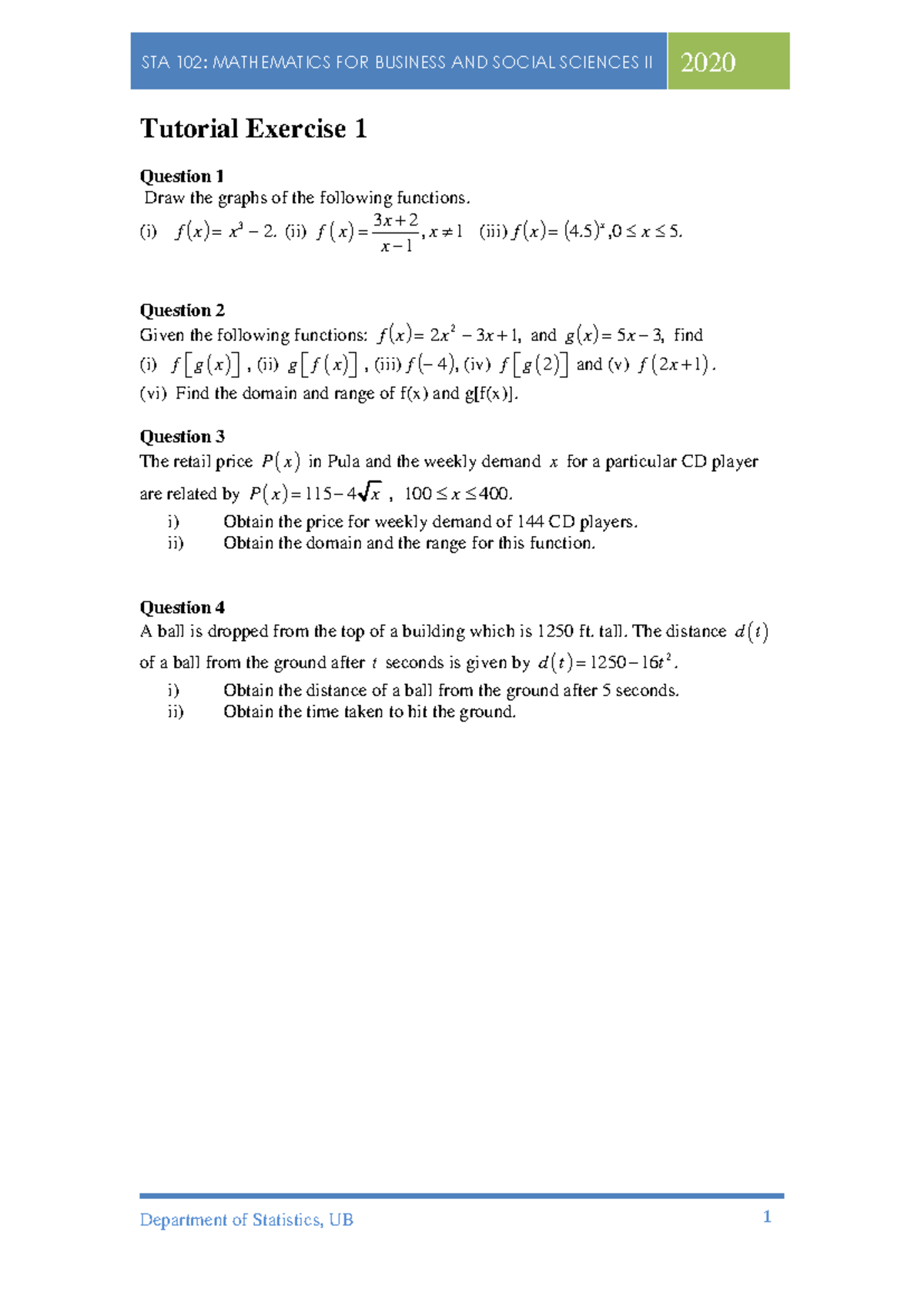 STA 102 - Mathematics for Business - Tutorial 1 Exercises - Studocu