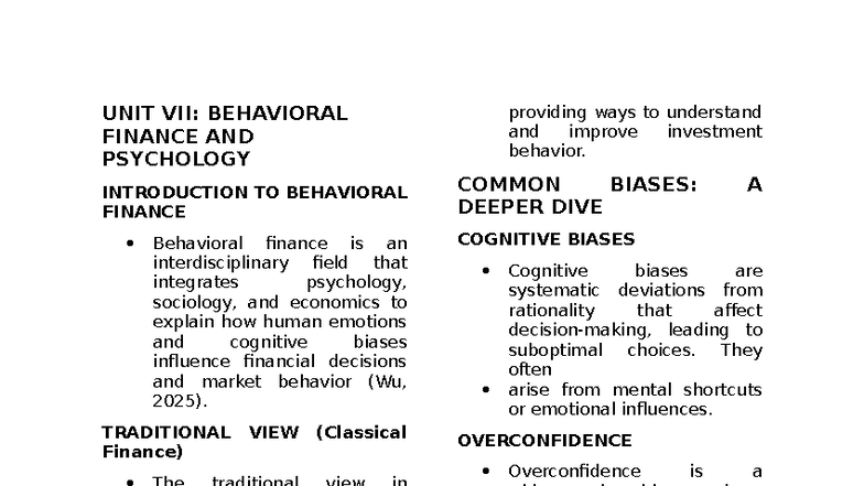 UNIT VII: BEHAVIORAL FINANCE AND PSYCHOLOGY OVERVIEW - Studocu
