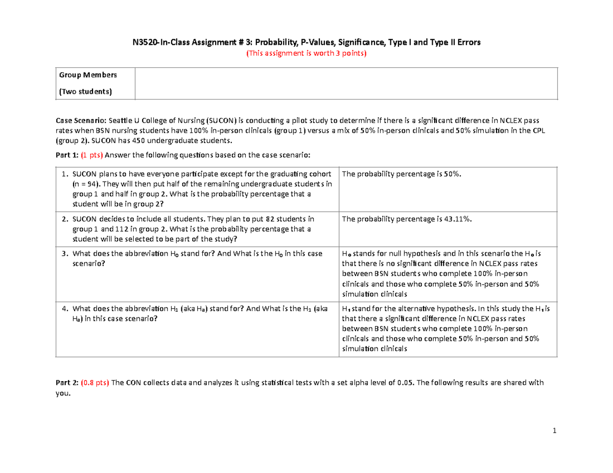 N3520 In-Class Assignment # 3 Probability P-Values-Worksheet - N3520-In ...