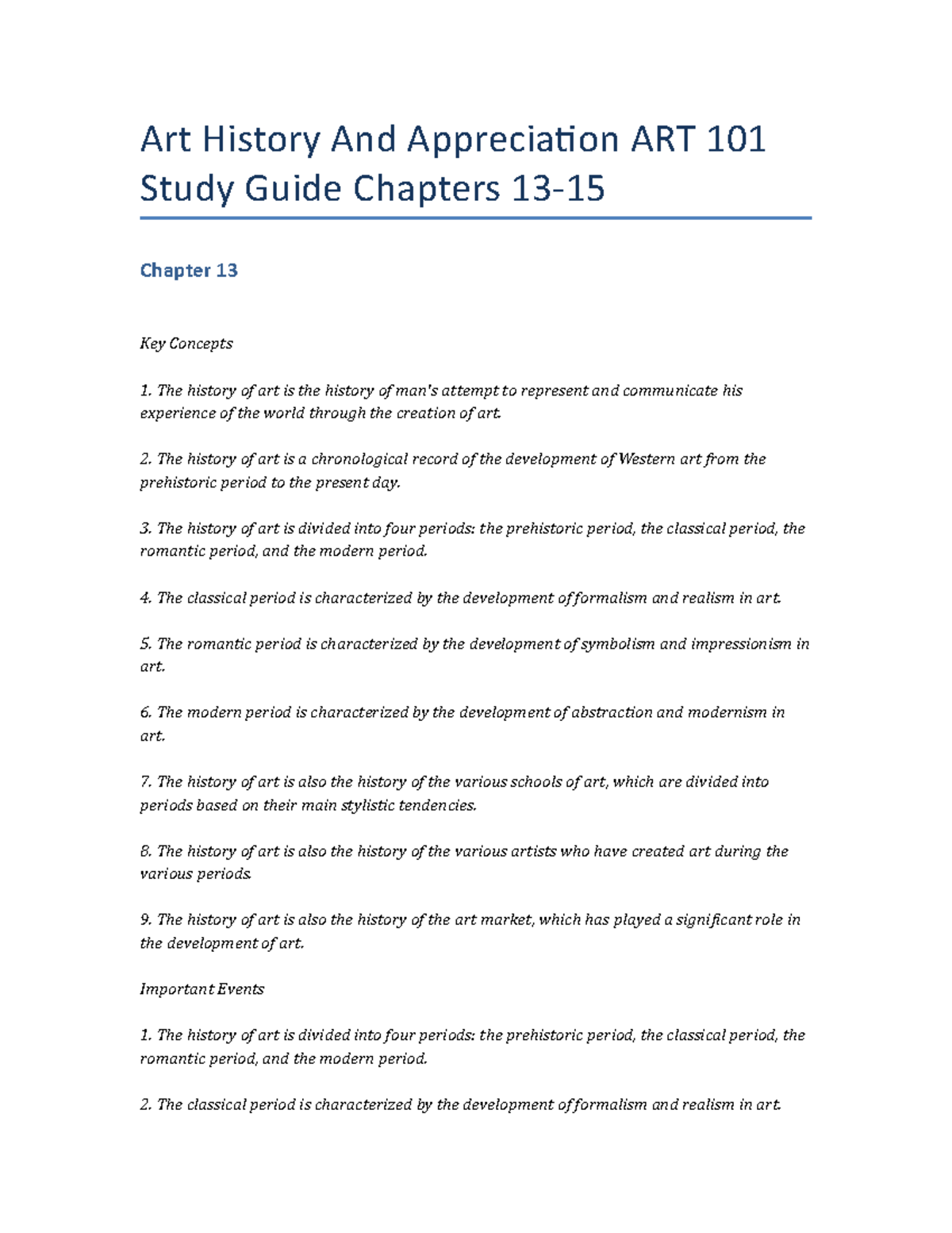 Art History and Appreciation ART 101 Study Guide: Chapters 13-15 ...