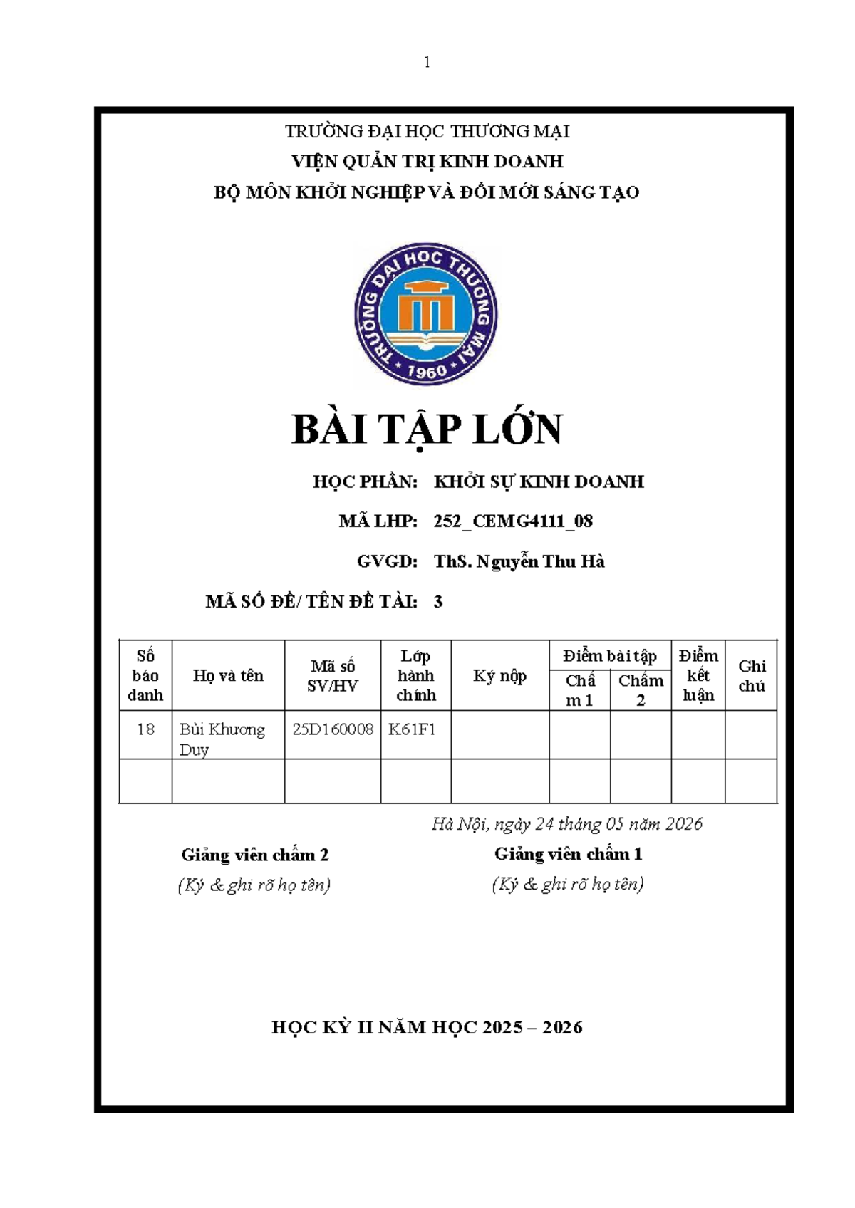 Bài Tập Lớn: Khởi Sự Kinh Doanh - Mã LHP: K61F1 - Studocu