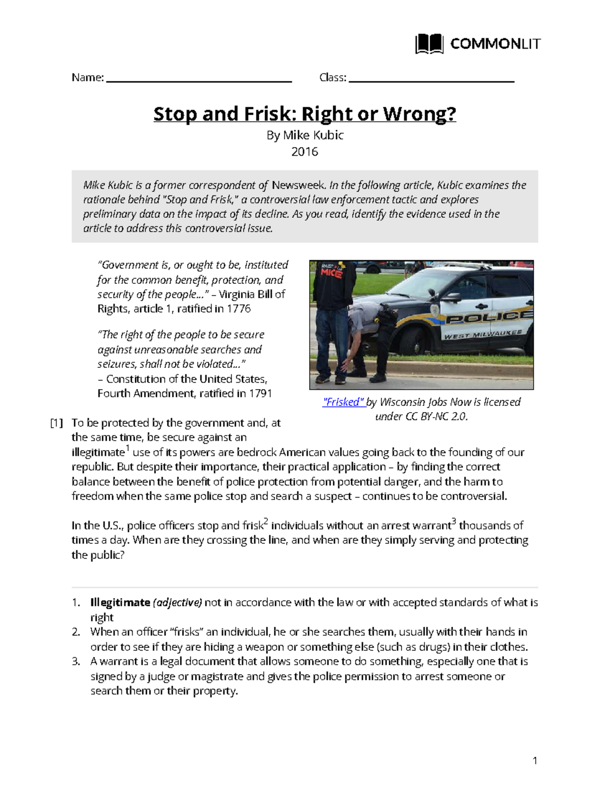 Common Lit: Stop and Frisk - Right or Wrong? Analysis and Discussion ...