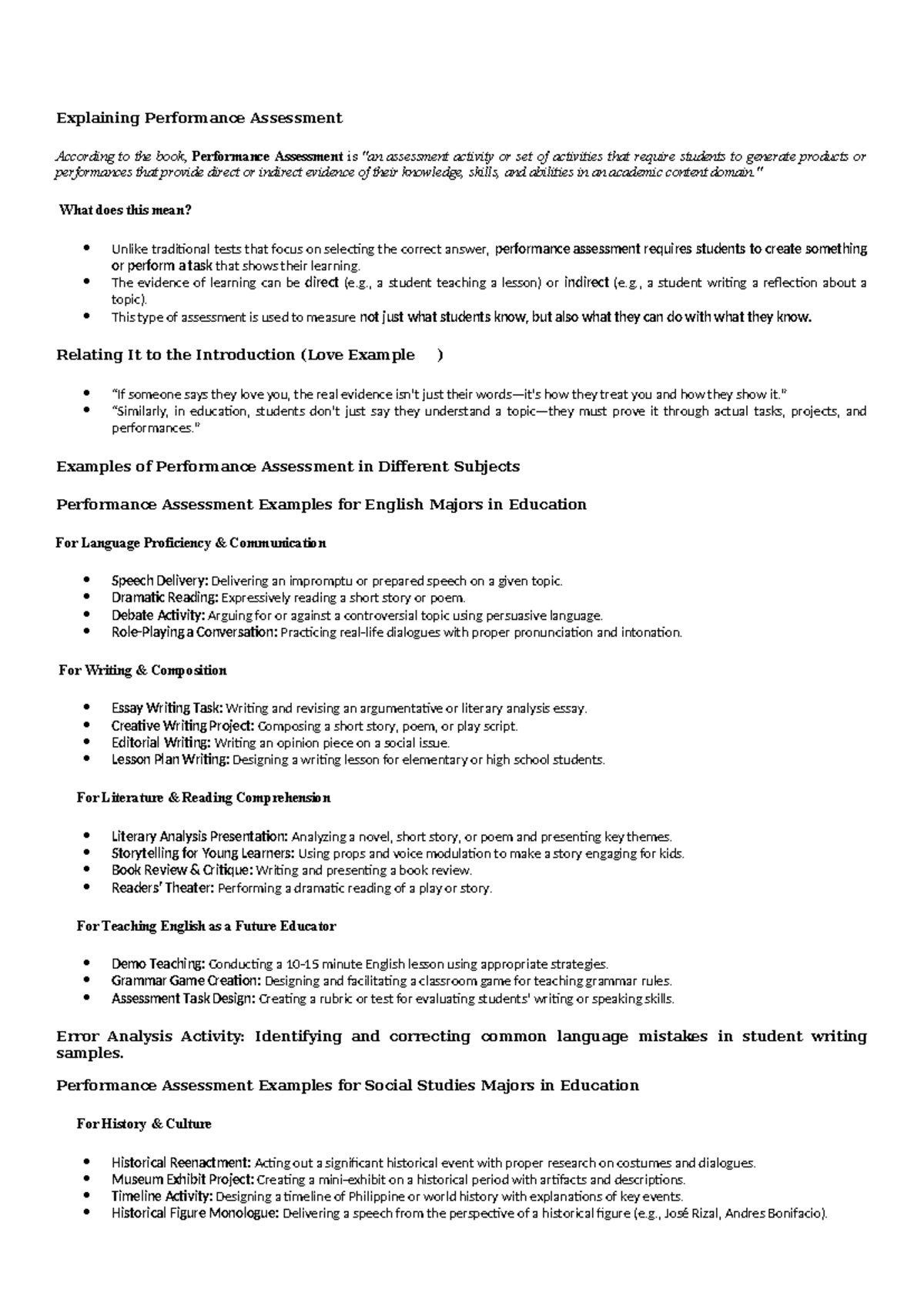 Introduction to Performance Assessment 1: Key Concepts & Examples - Studocu
