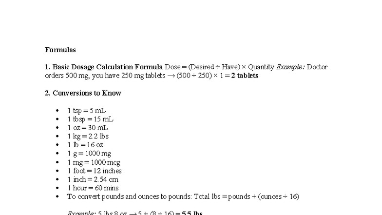 Formulas Cheat Sheet for Basic Dosage Calculations (NUR 101) - Studocu
