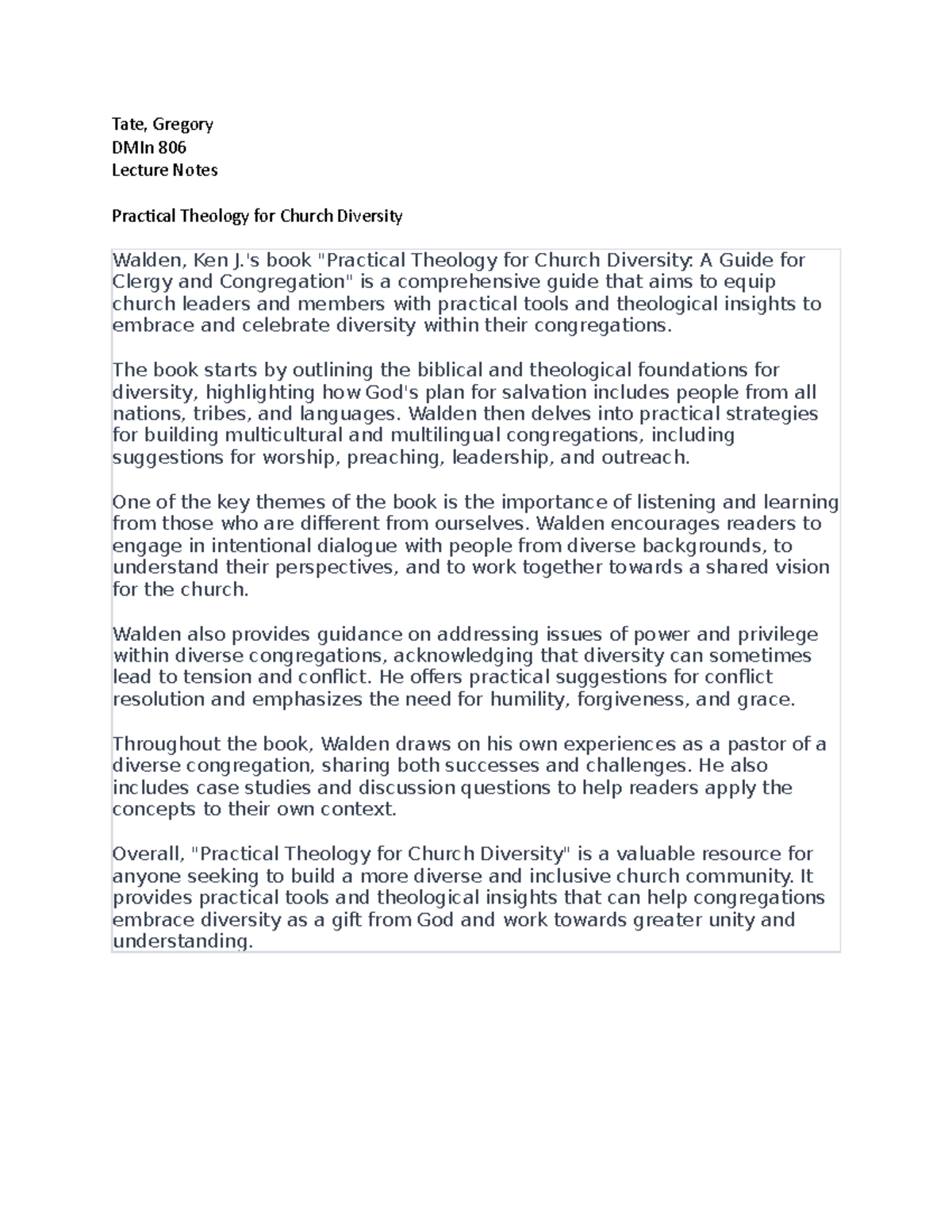 DMIN806: Lecture Notes on Practical Theology for Church Diversity - Studocu