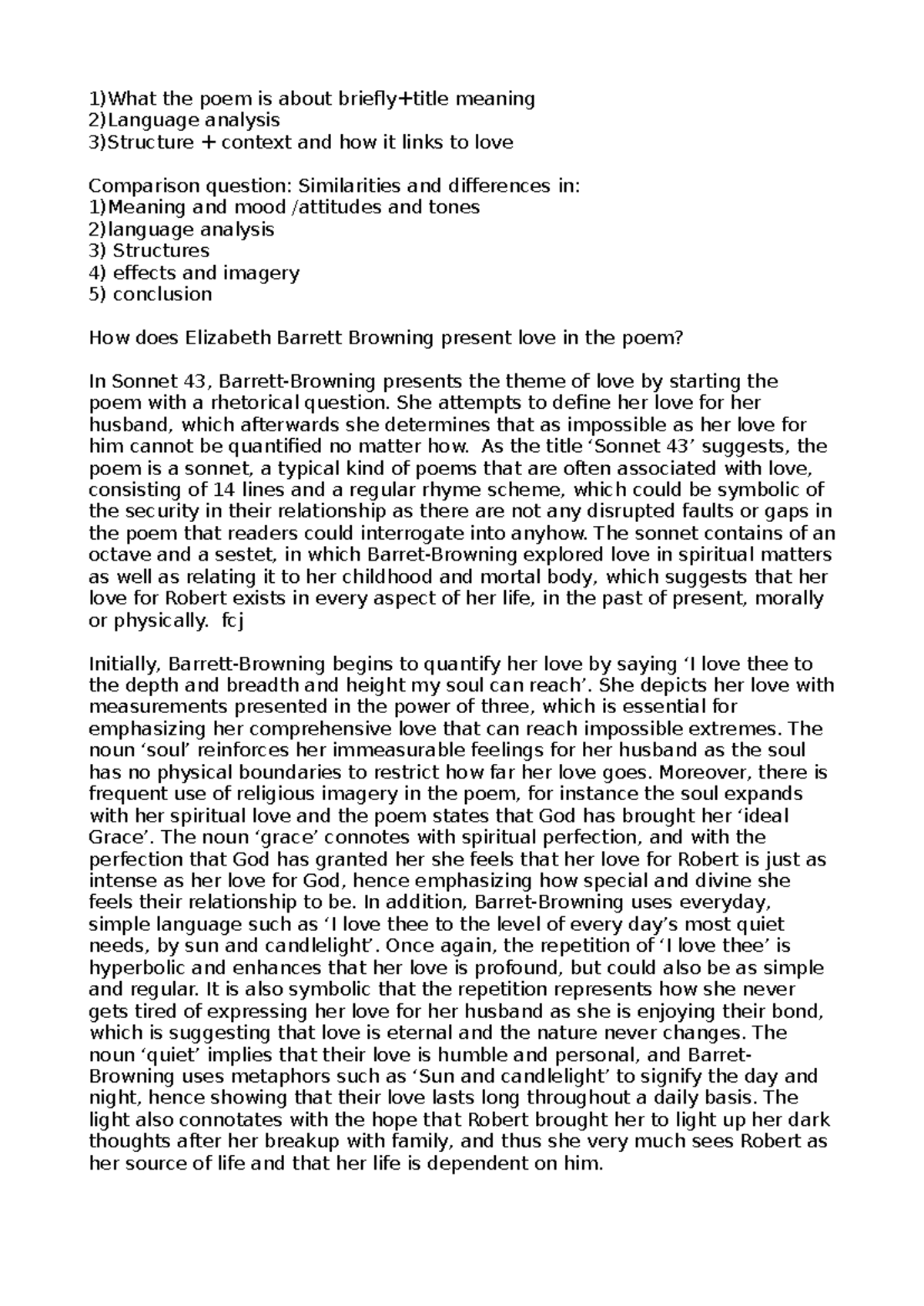 English Poetry Analysis: Love in Sonnet 43 & War in Mametz Wood - Studocu