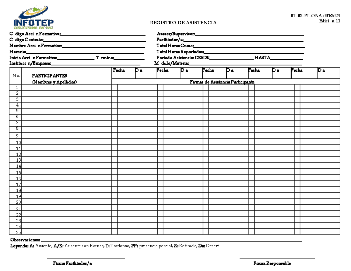 Registro de asistencia edición 11 - RT-02-PT-ONA-001 - Studocu