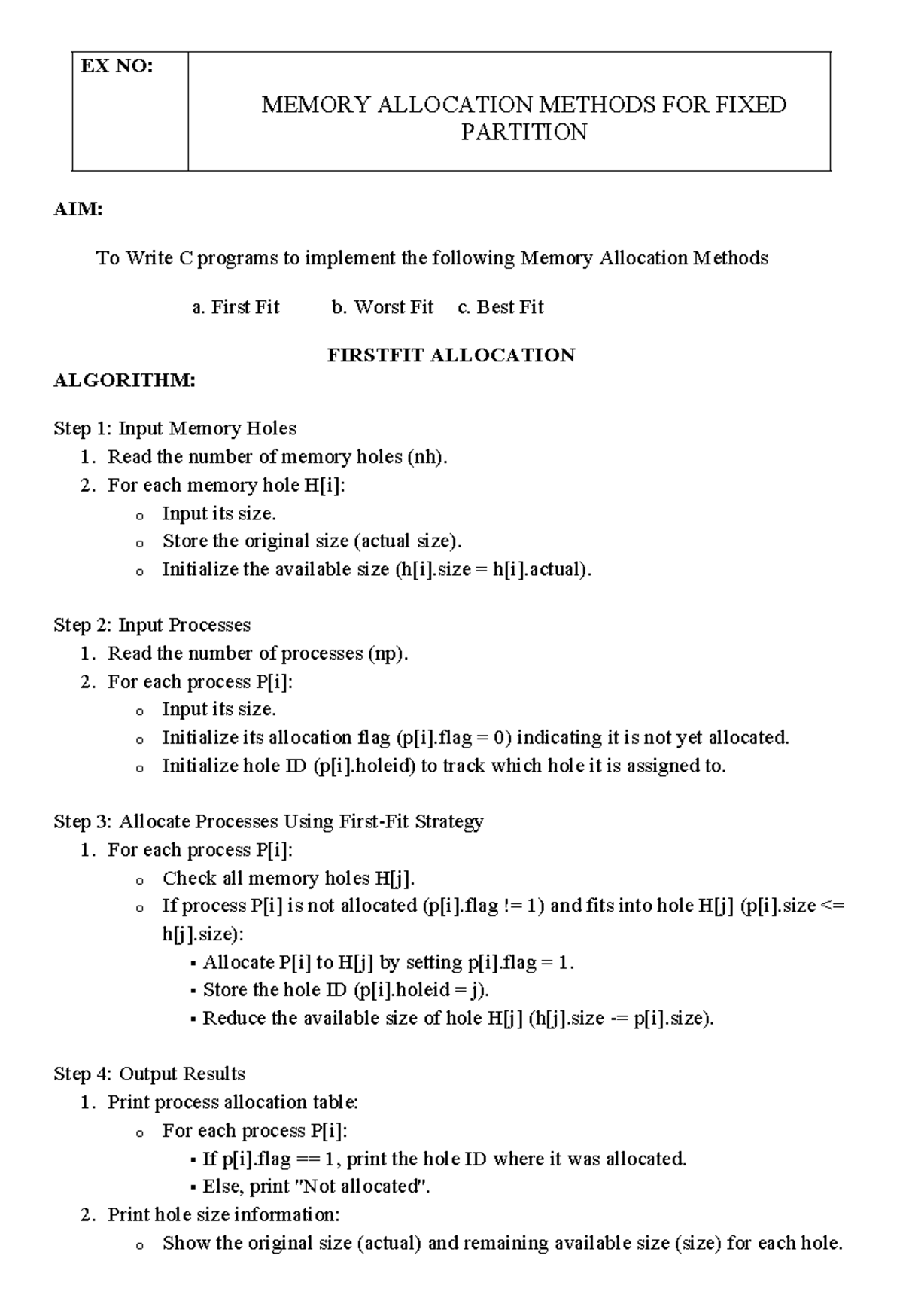 Memory allocation methods for fixed partition - C program ...