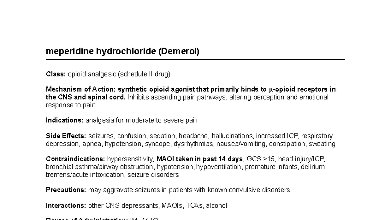 Meperidine Hydrochloride (Demerol) Drug Card: Opioid Analgesic Overview ...