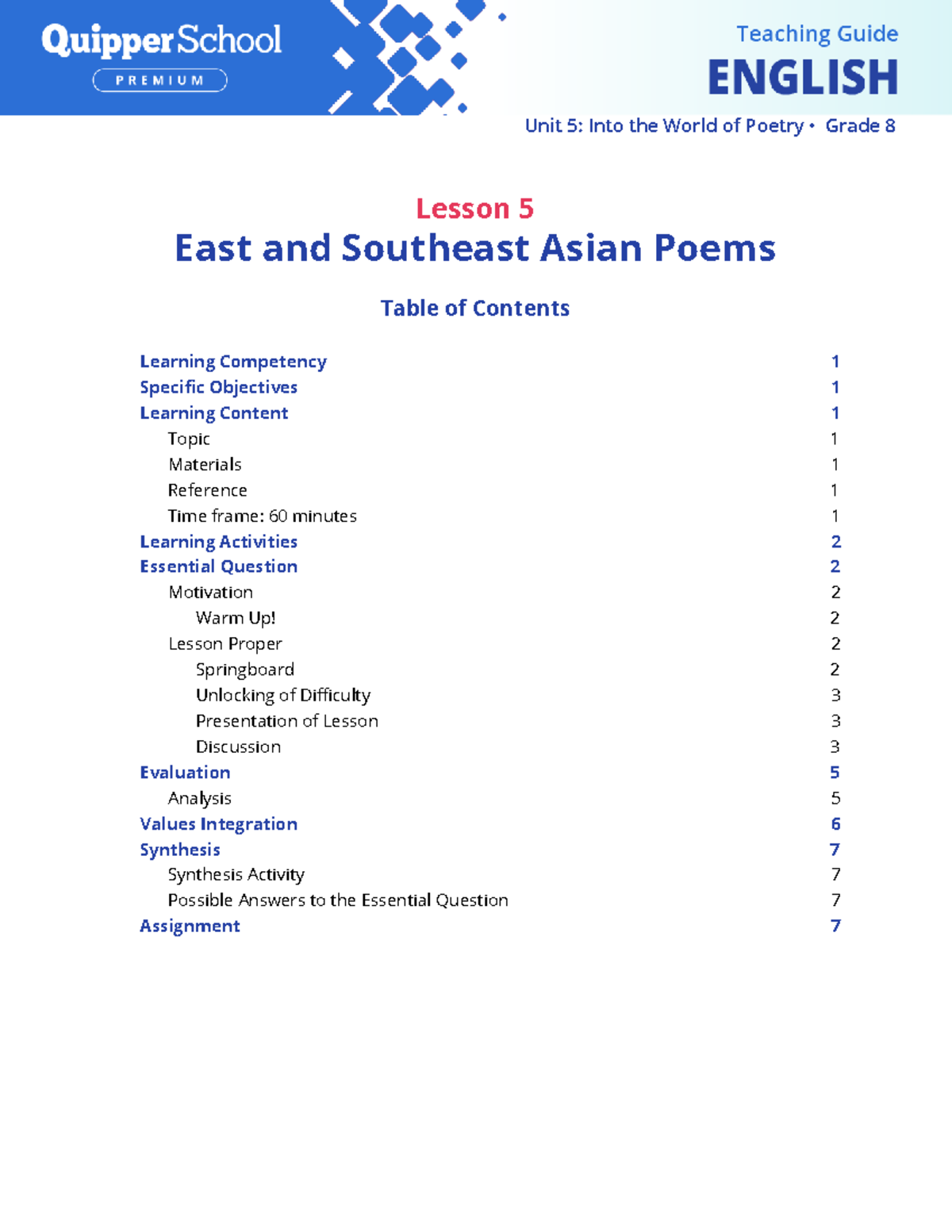 EN8 Unit 5 Lesson 5: Exploring East & Southeast Asian Poems - Studocu