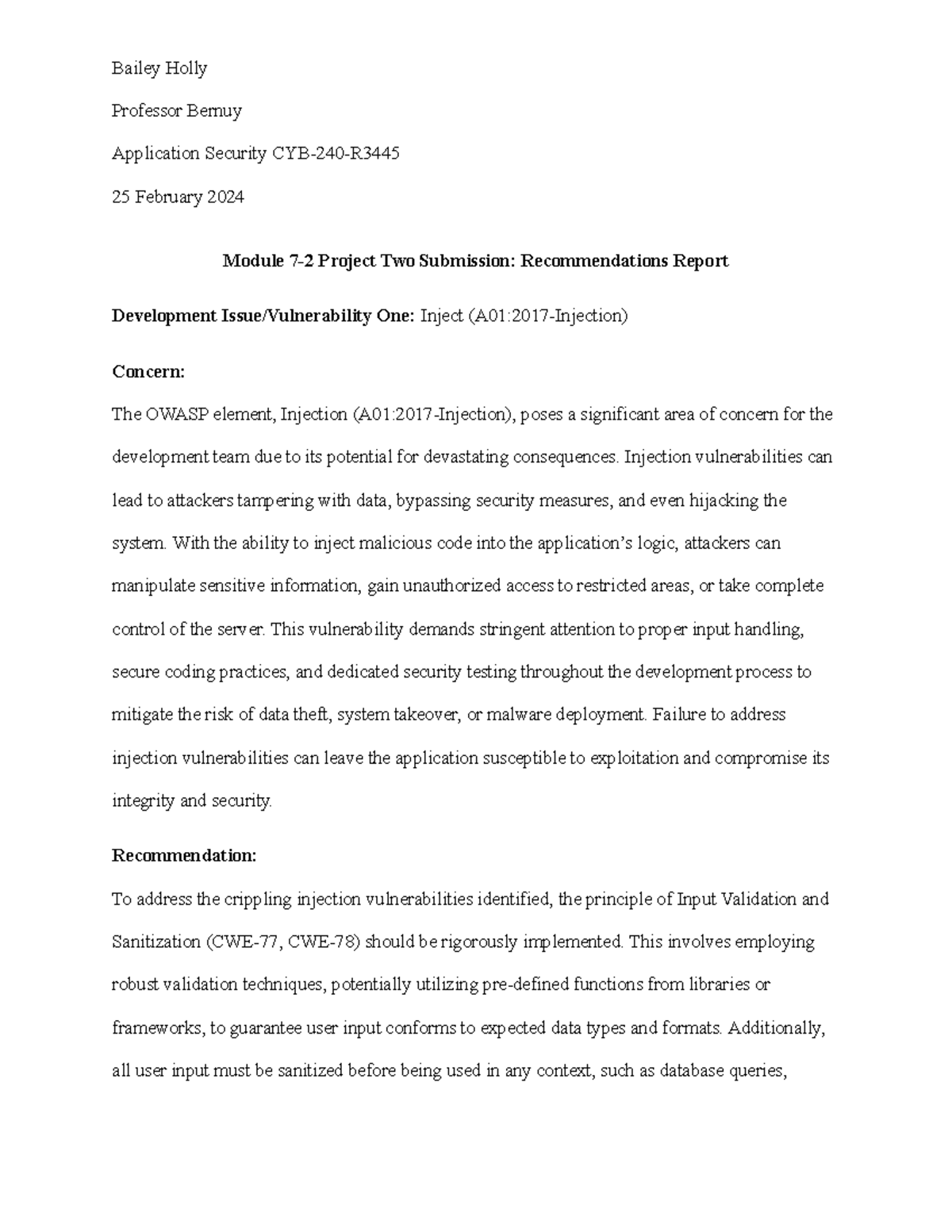 CYB 240 Module 7-2 Project Two: Recommendations on Security ...