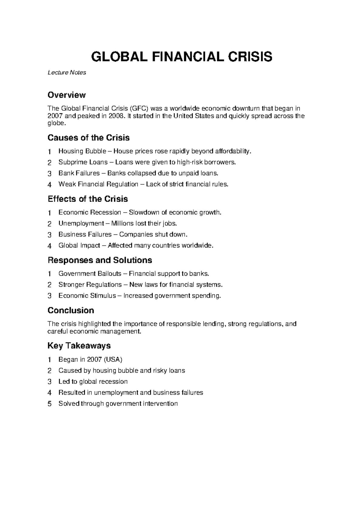 Global Financial Crisis Lecture Notes Overview - Studocu