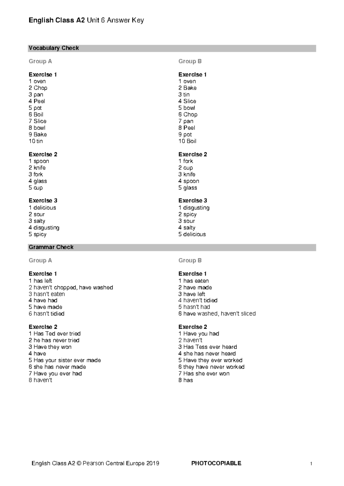 EC A2 Unit 6 Answer Key & Script: Vocabulary and Grammar Exercises ...