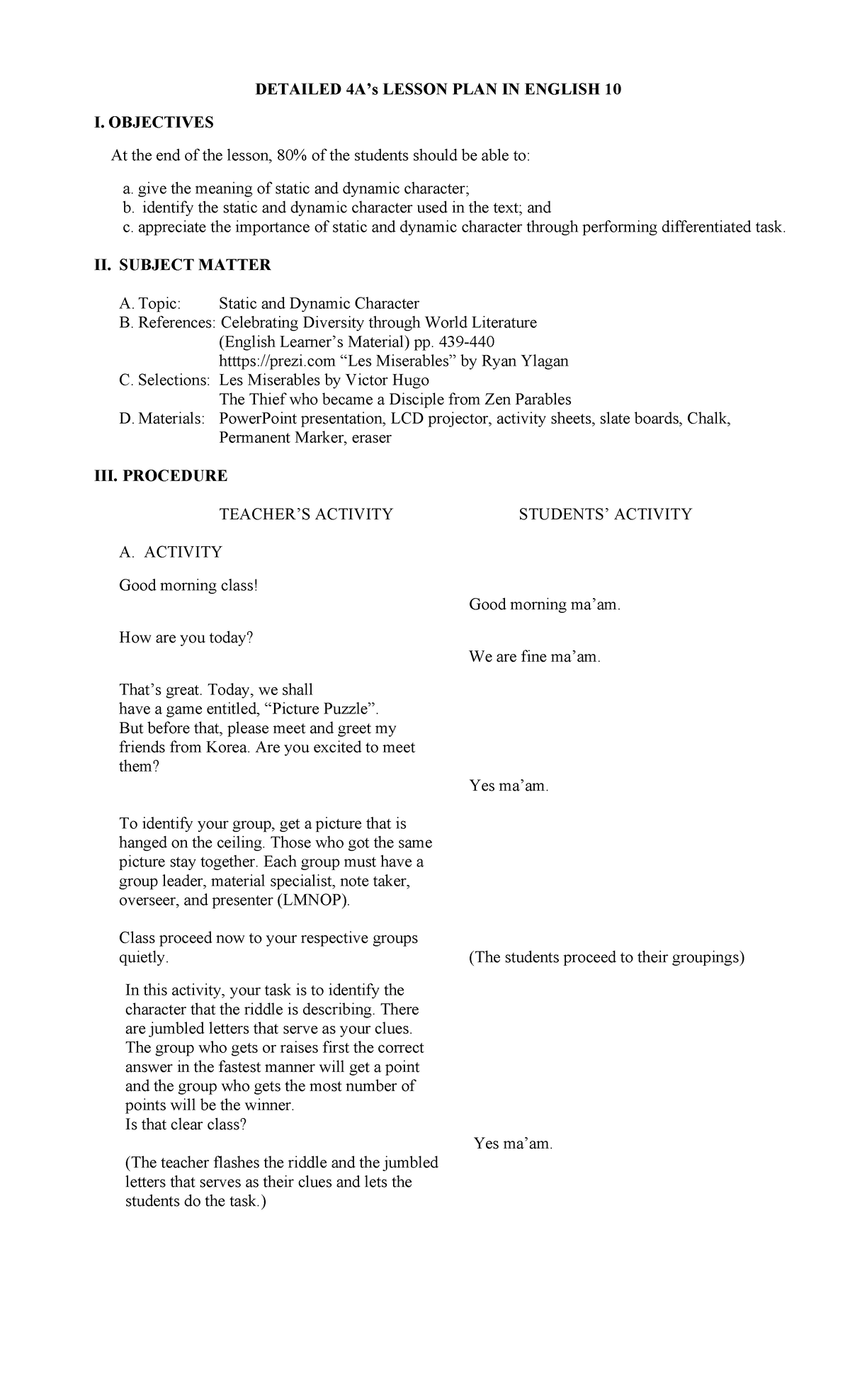 static and dynamic character - DETAILED 4A’s LESSON PLAN IN ENGLISH 10 ...