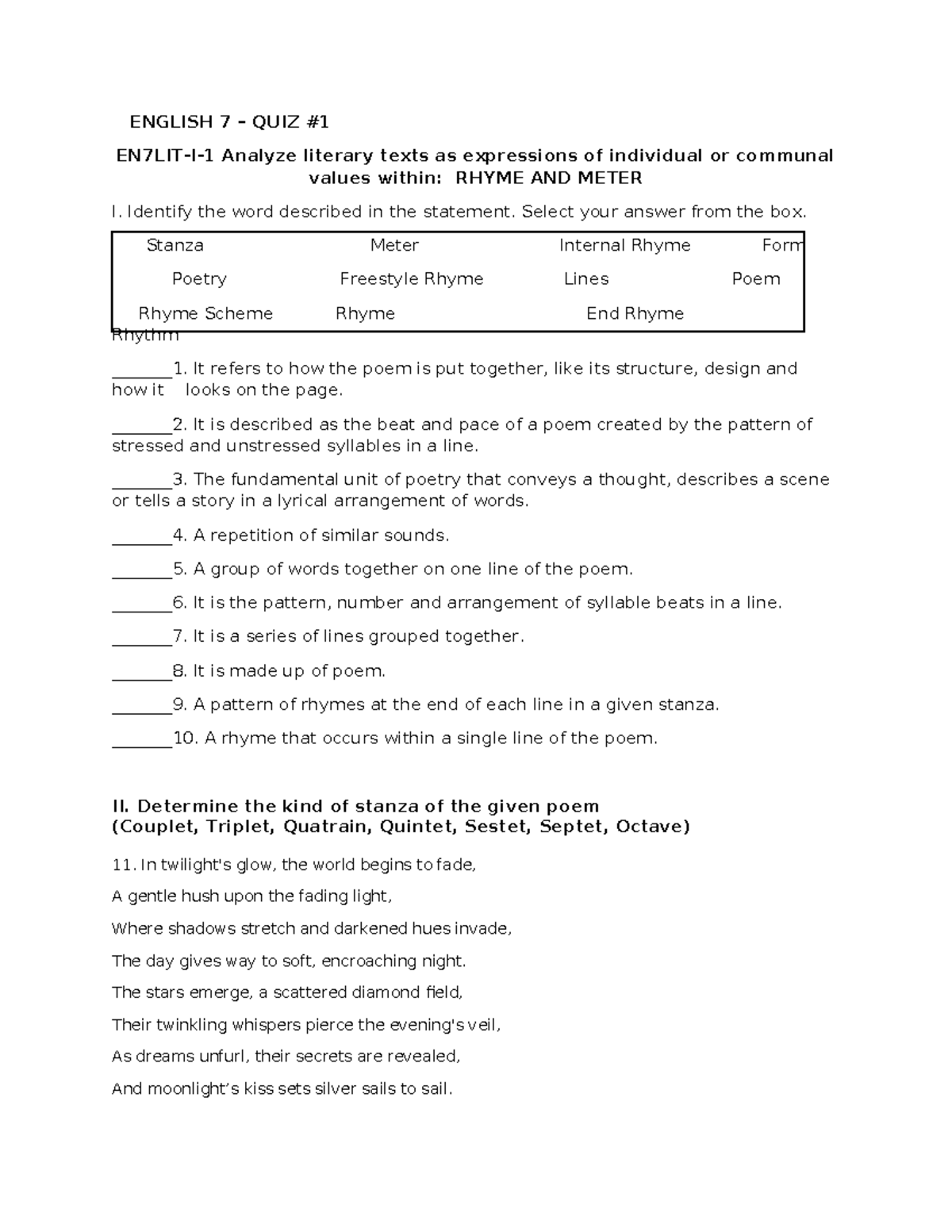 ENGL 7 - QUIZ #1: Rhyme and Meter Analysis - Studocu