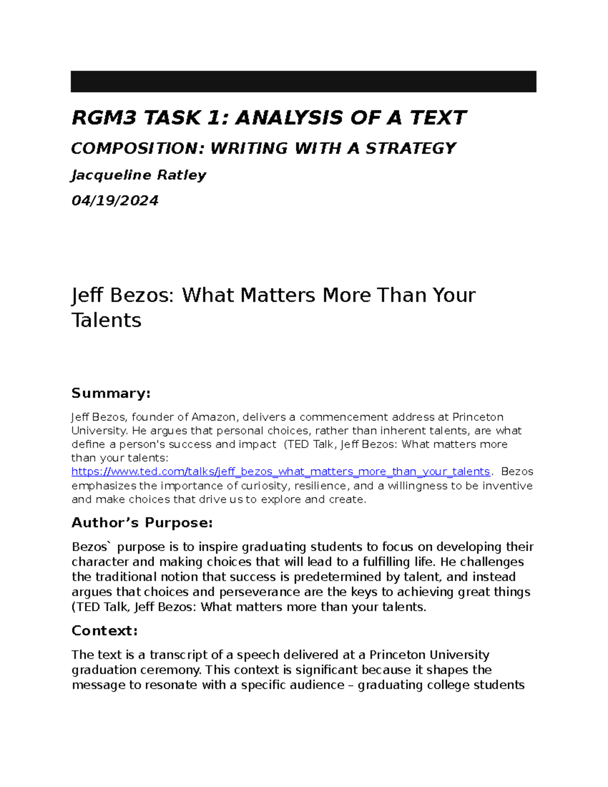RGM3 Task 1: Analysis of Jeff Bezos' Commencement Address at Princeton ...