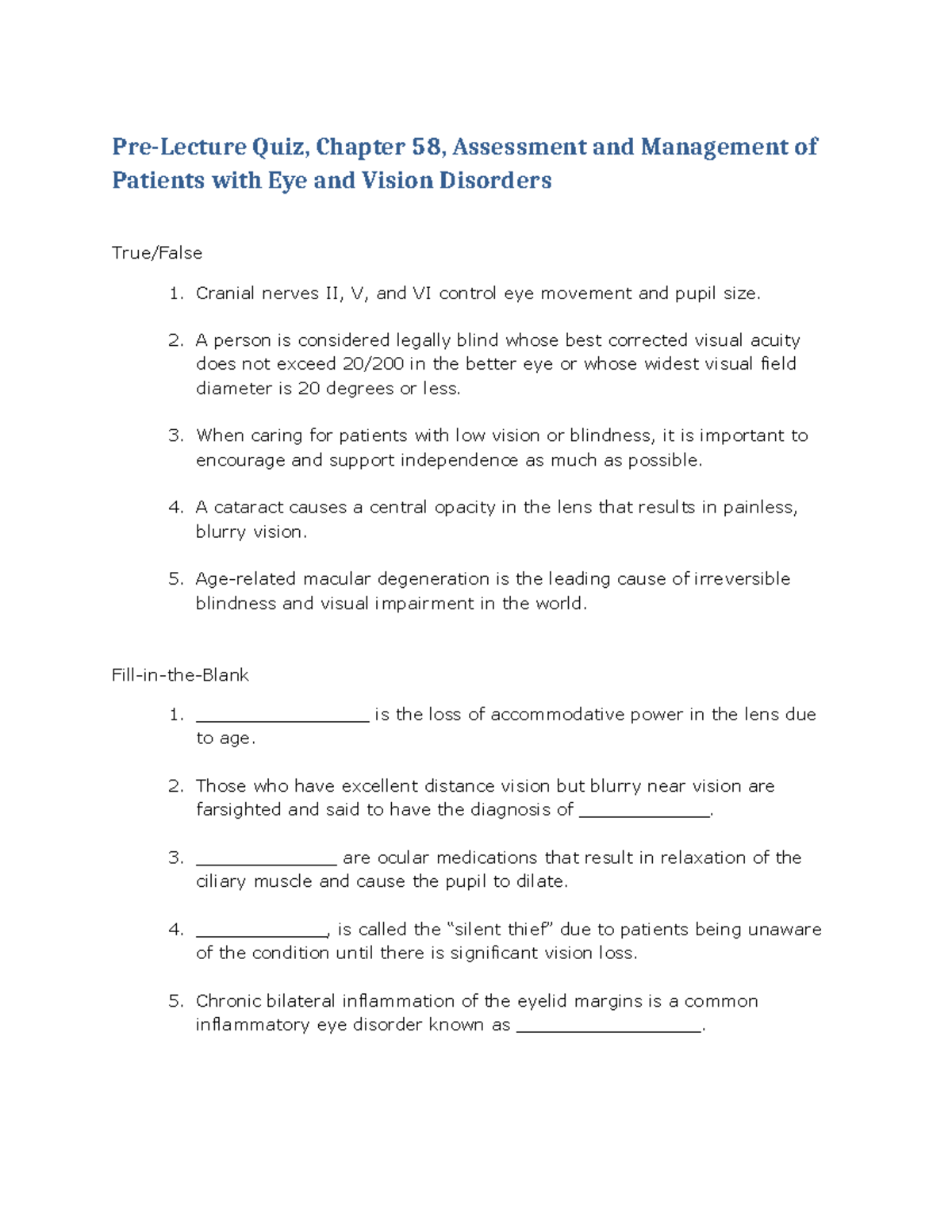 Pre-Lecture Quiz: Chapter 58 on Eye and Vision Disorders - Studocu