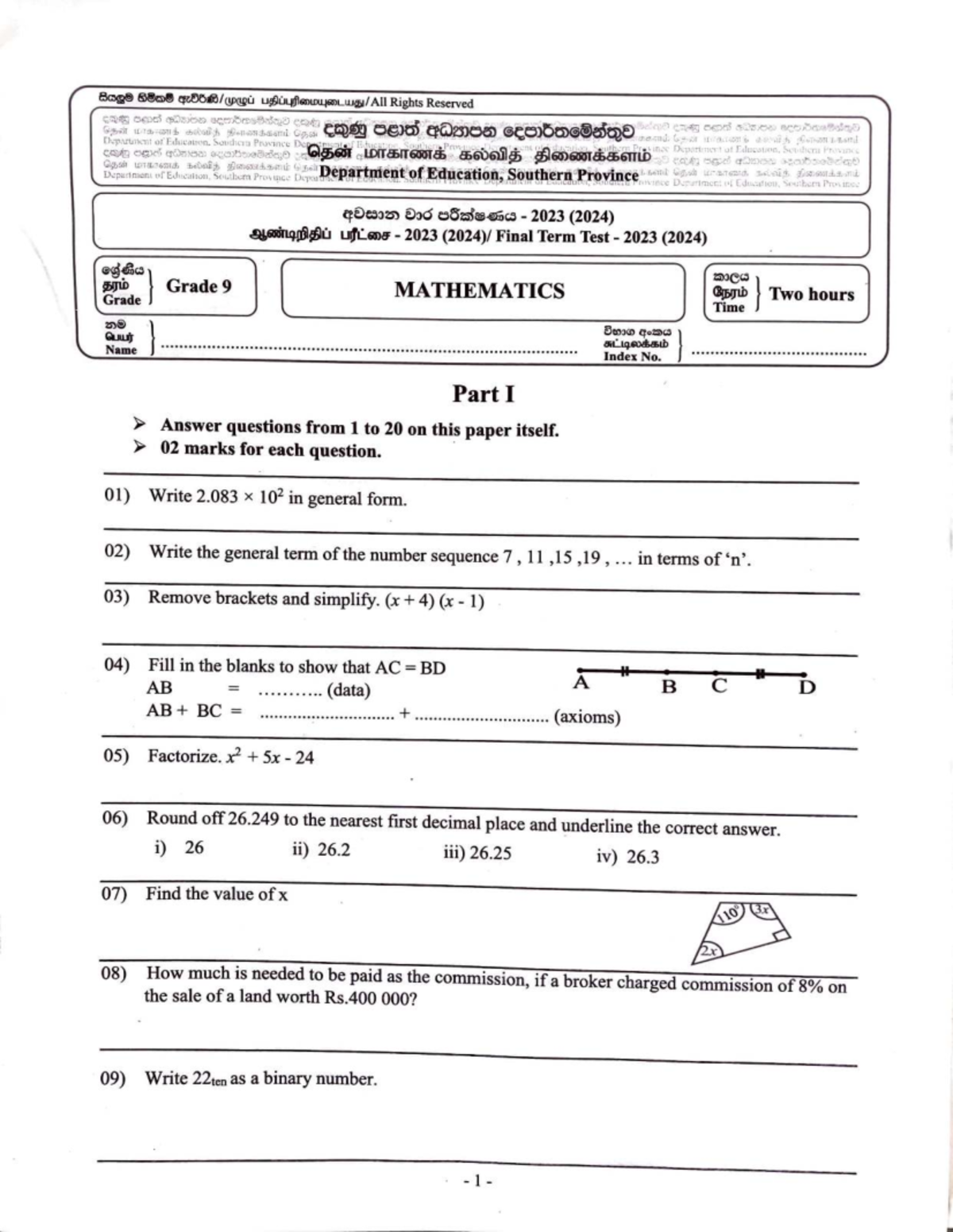 Grade 9 Math Final Term Test 2023 (2024) - Comprehensive Review - Studocu