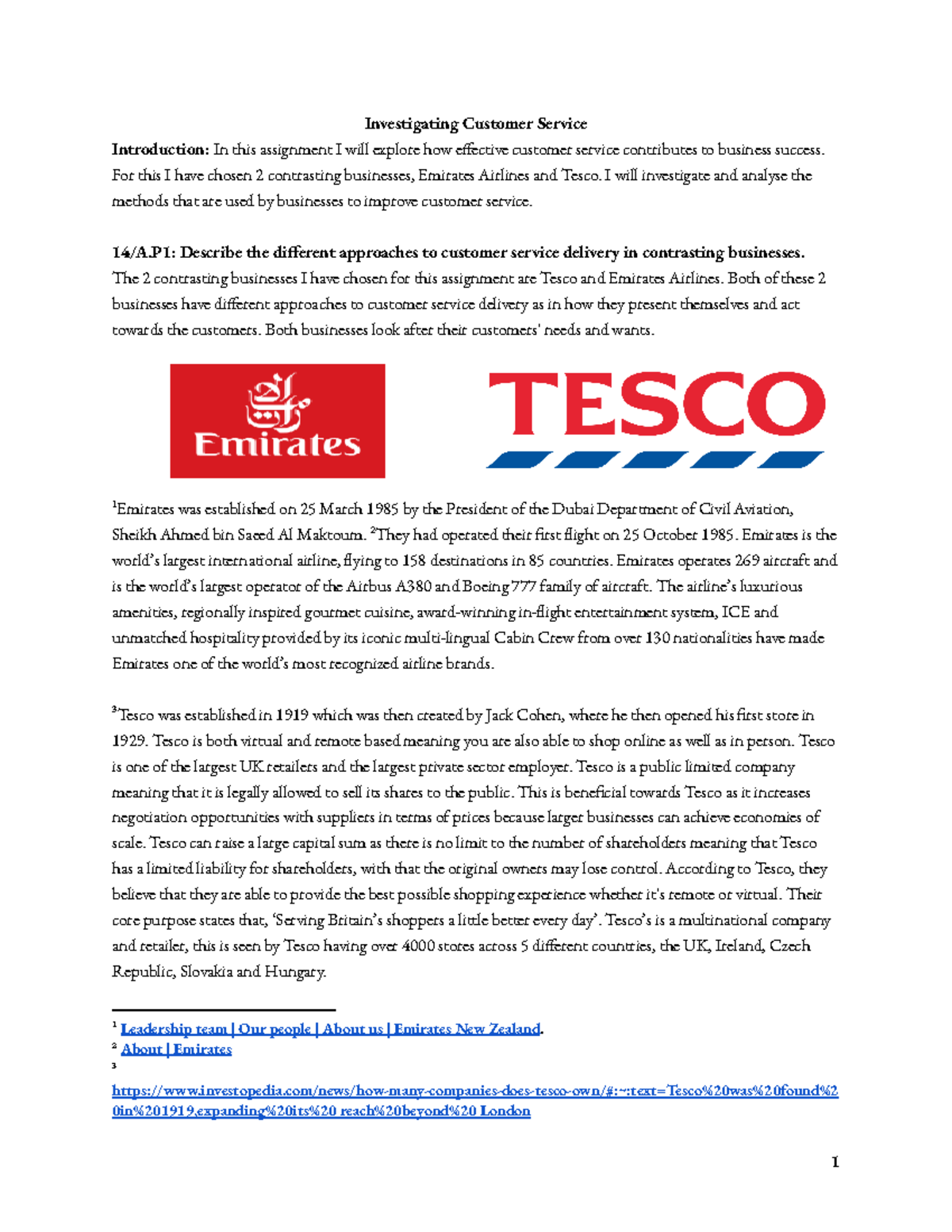 Unit 14 Assignment 1 - Analysis of Customer Service at Emirates & Tesco ...