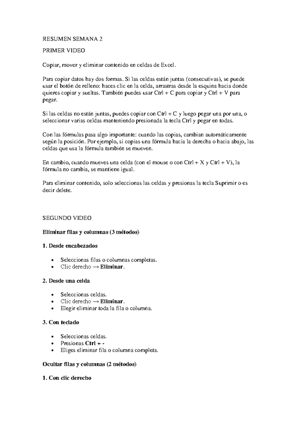 Resumen Semana 2: Copiar, Mover y Eliminar en Excel - Studocu