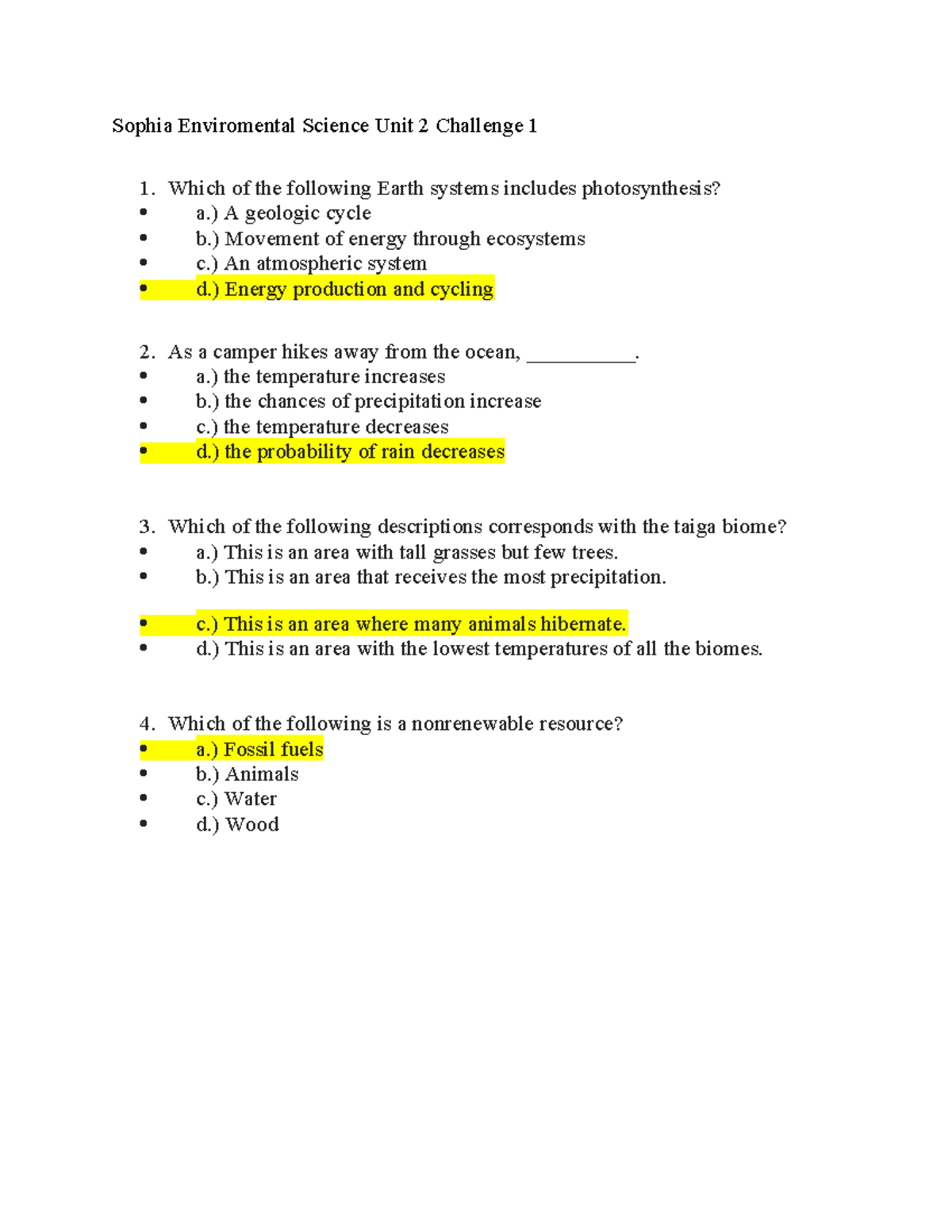Sophia ENVS Unit 2 Challenge 1: Ecosystem & Biome Quiz - Studocu