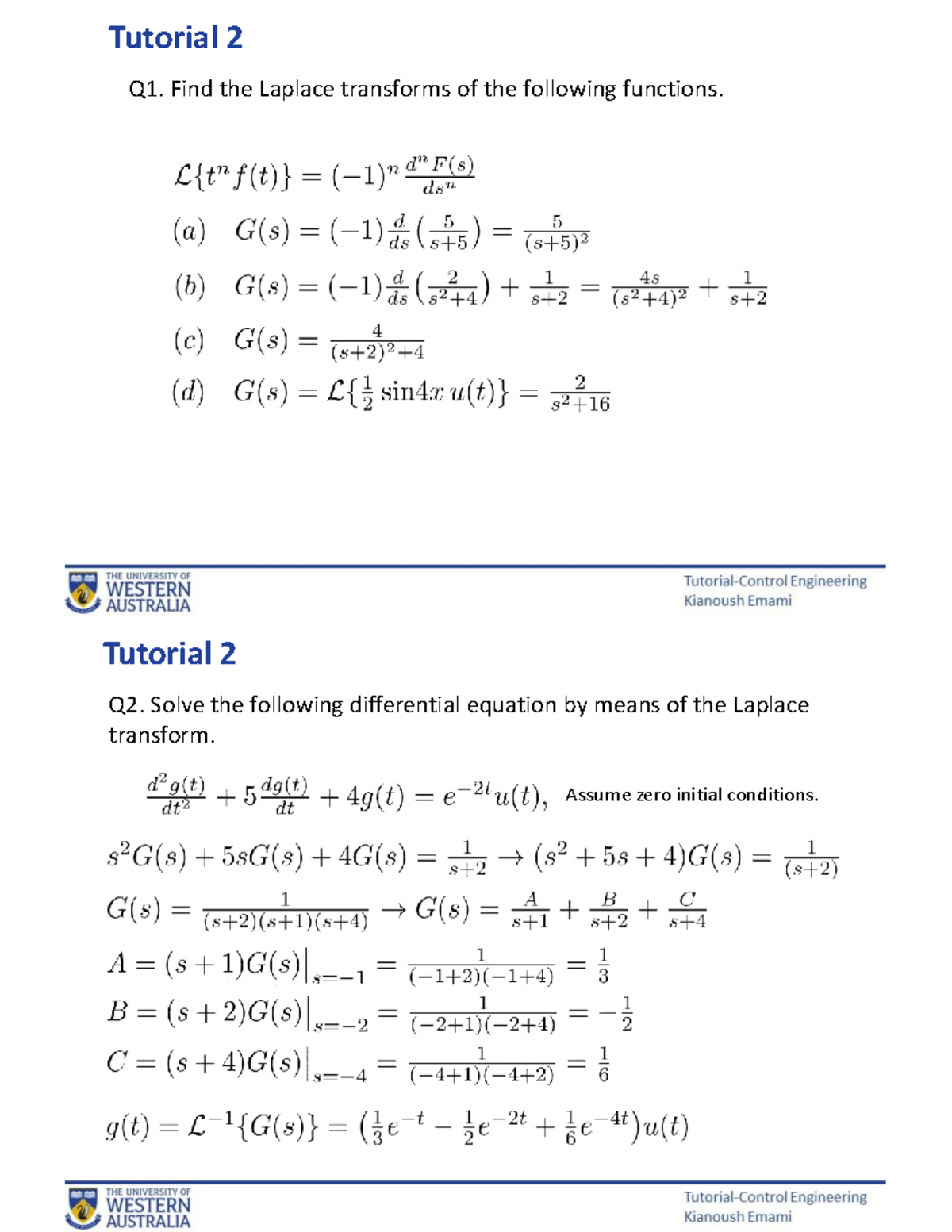 Tutorial 2: Laplace Transforms & Transfer Functions Solutions - Studocu