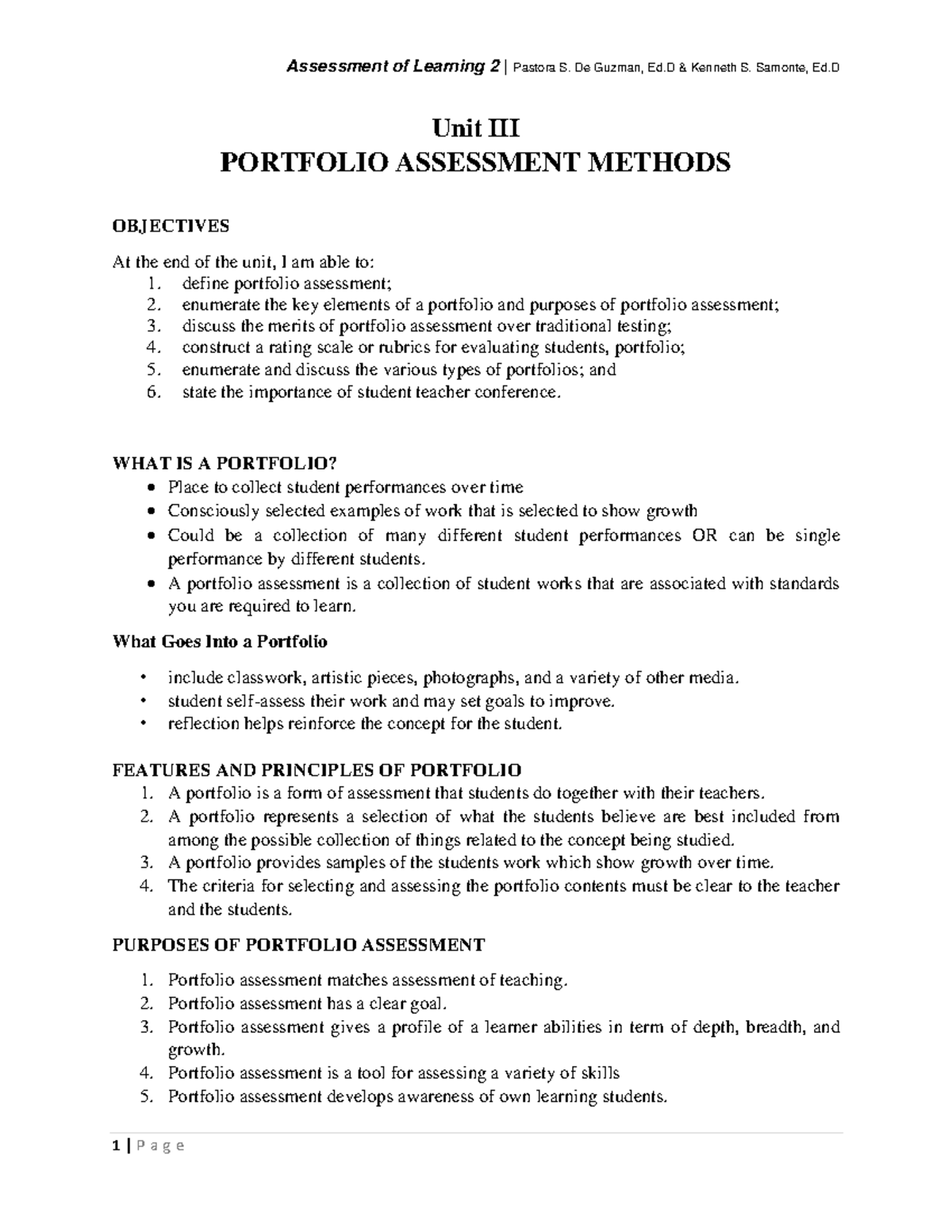 PROF ED 8 module unit 3and4 - Unit III PORTFOLIO ASSESSMENT METHODS ...