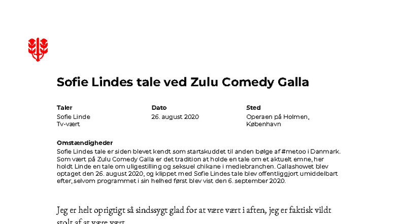 Sofie Lindes Tale om Uligestilling ved Zulu Comedy Galla 2020 - Studocu