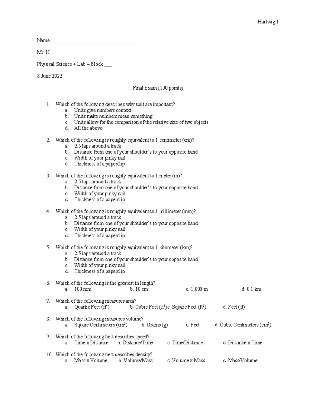 Physical Science Lab (Block 8) Final Exam - June 2022 (100 pts) - Studocu