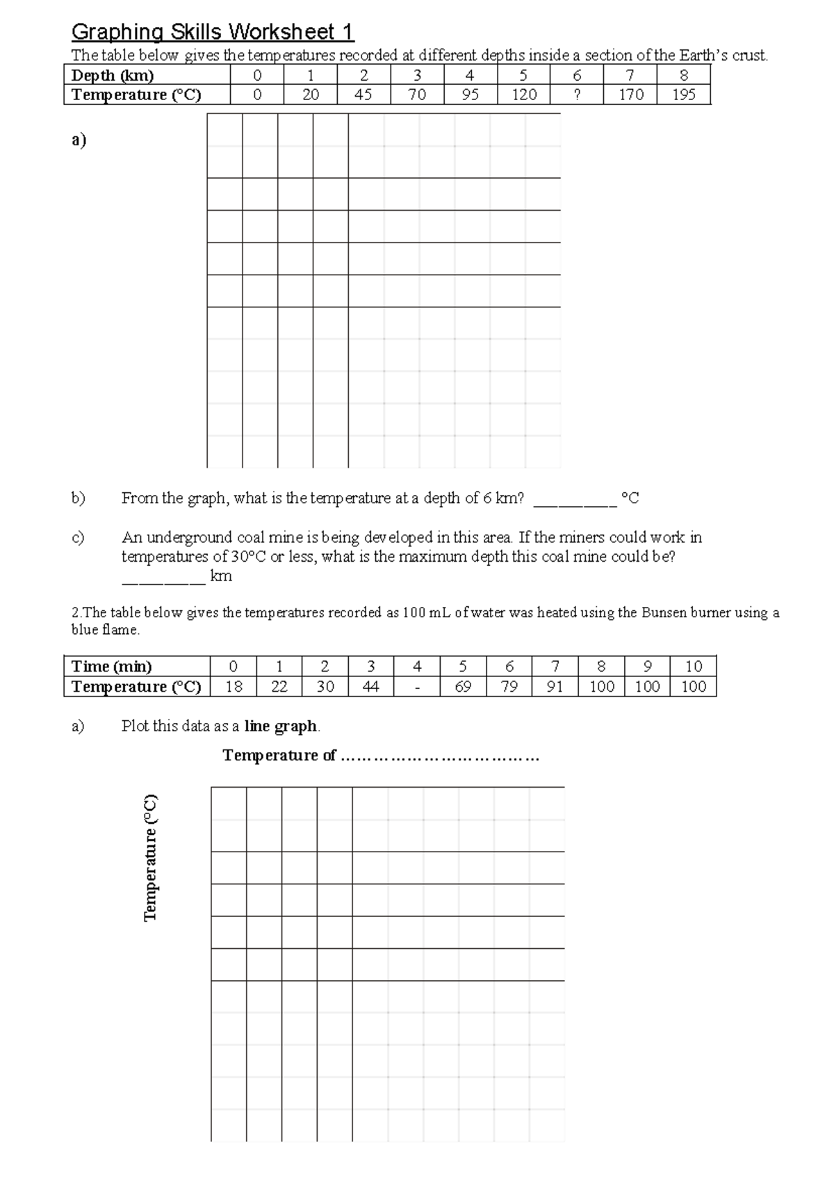 Graphing Skills Worksheet 1 - Depth (km) 0 1 2 3 4 5 6 7 8 Temperature ...